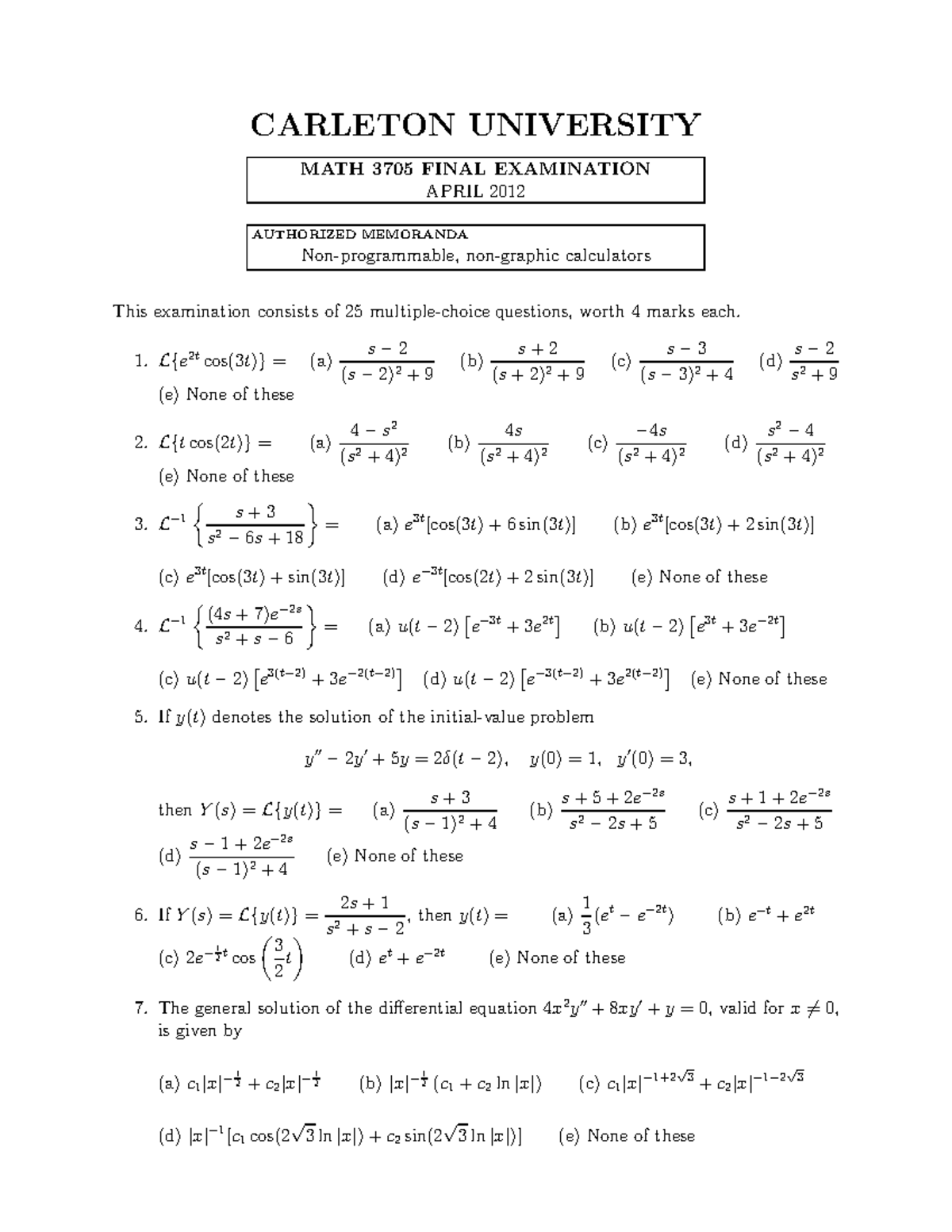 Exam April 2012, questions and answers - CARLETON UNIVERSITY MATH 3705 ...