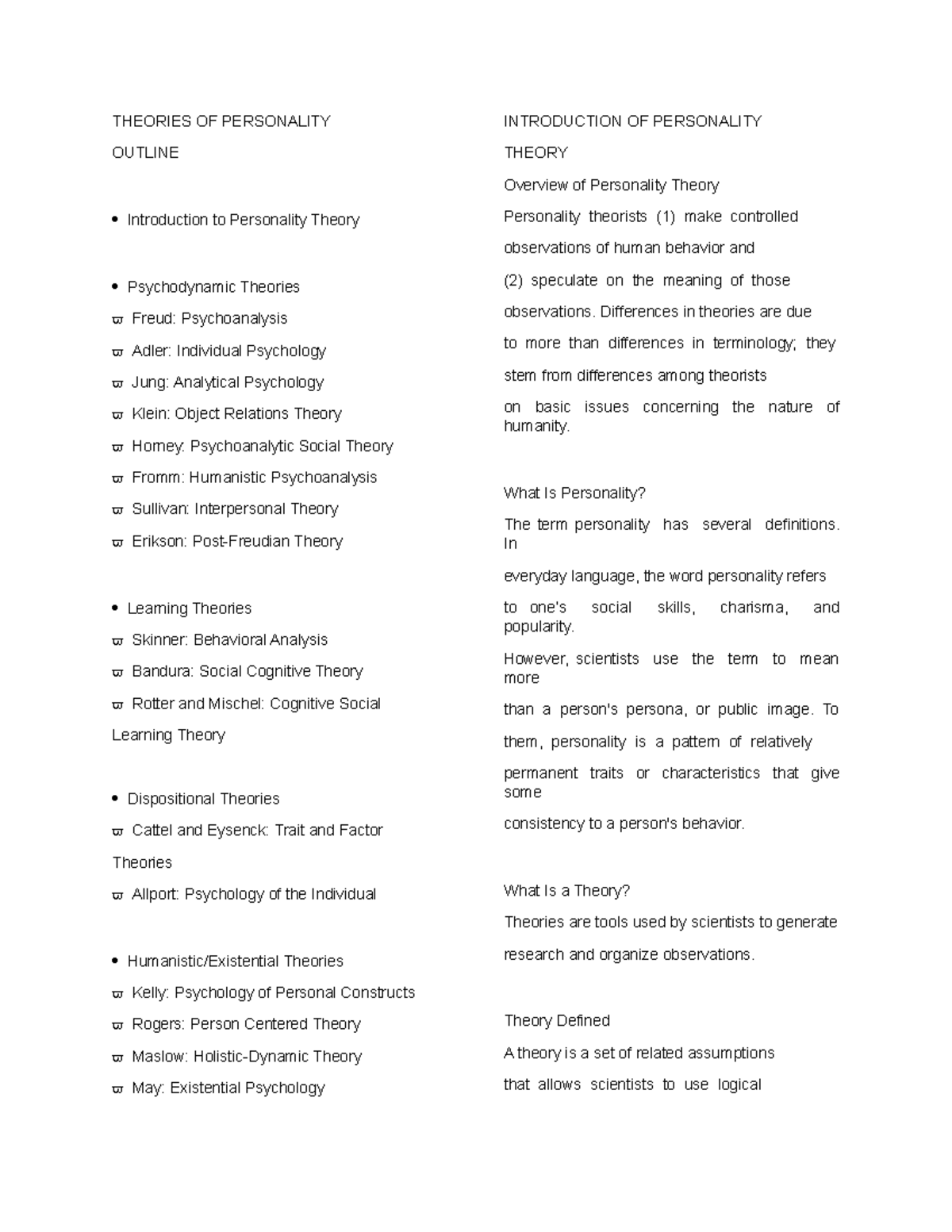 Theories of Personality Summarizeddt - THEORIES OF PERSONALITY OUTLINE ...
