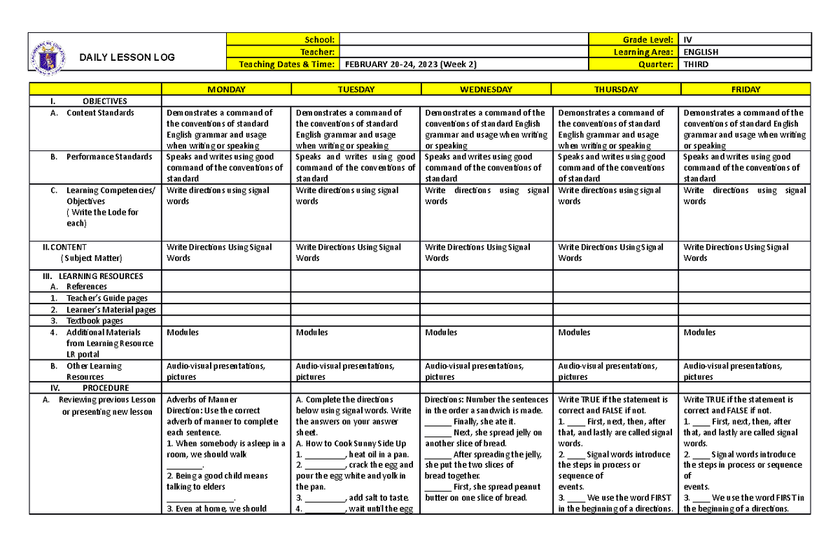 DLL English-4 Q3 W2 Write-Directions - DAILY LESSON LOG School: Grade ...