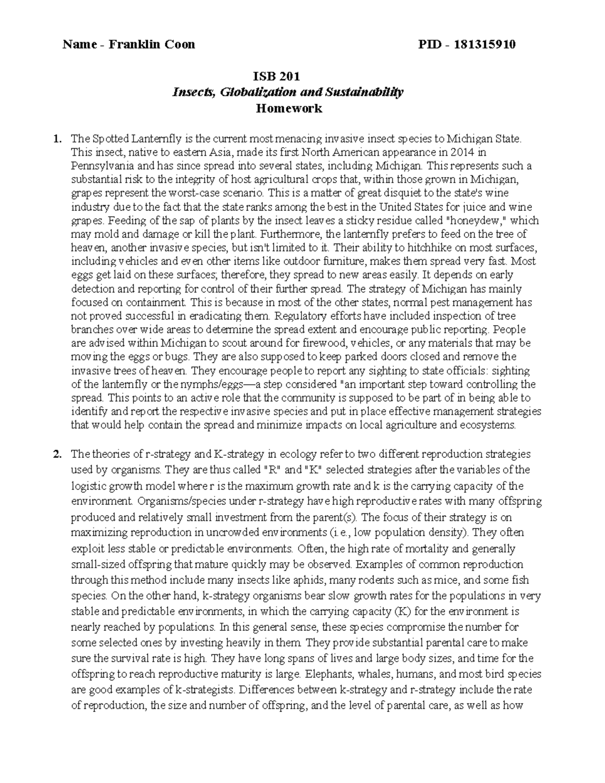 ISB 201 - Invasive Species - r vs K - Name - Franklin Coon PID ...