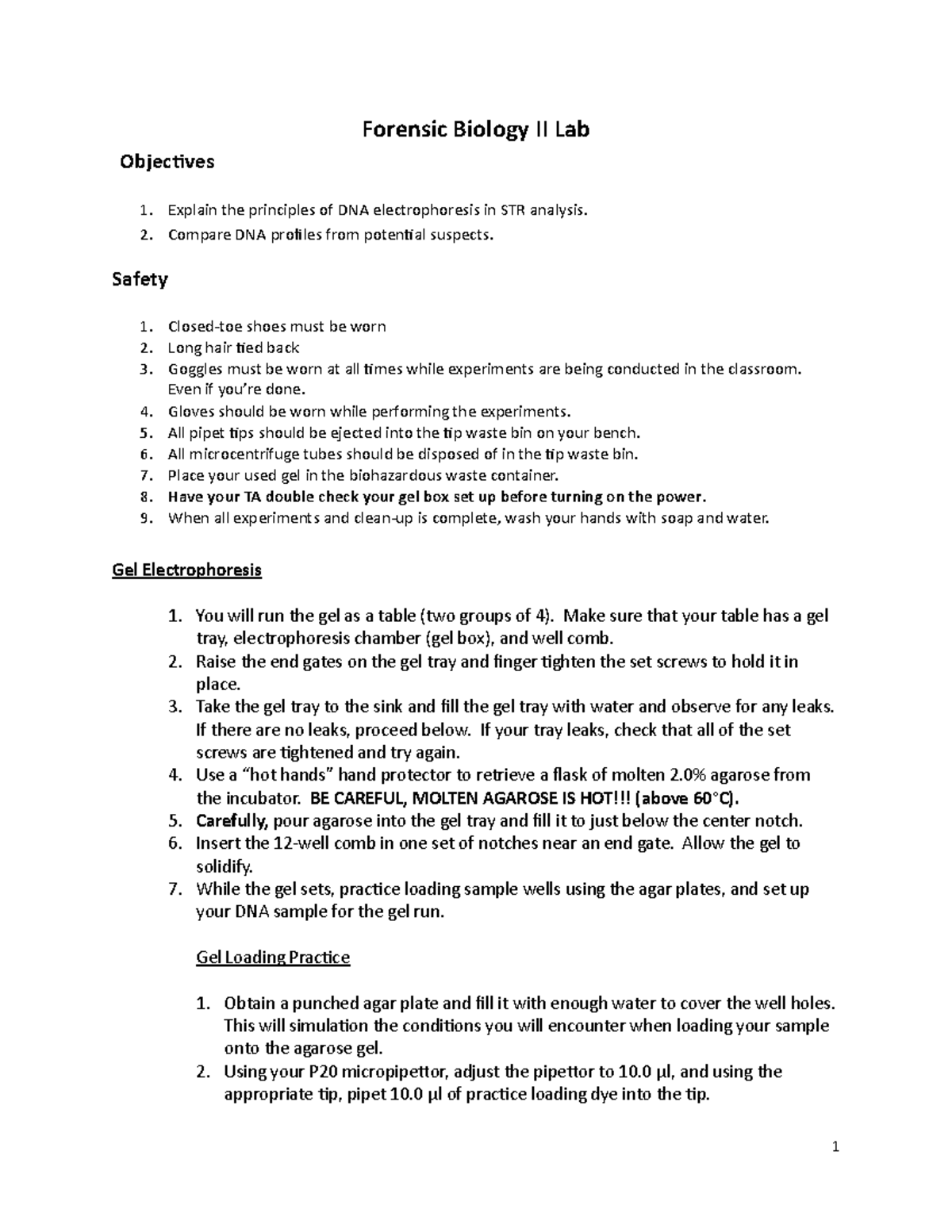 Forensic Biology IILab protocolanddatasheet Sp20 - Forensic Biology II ...