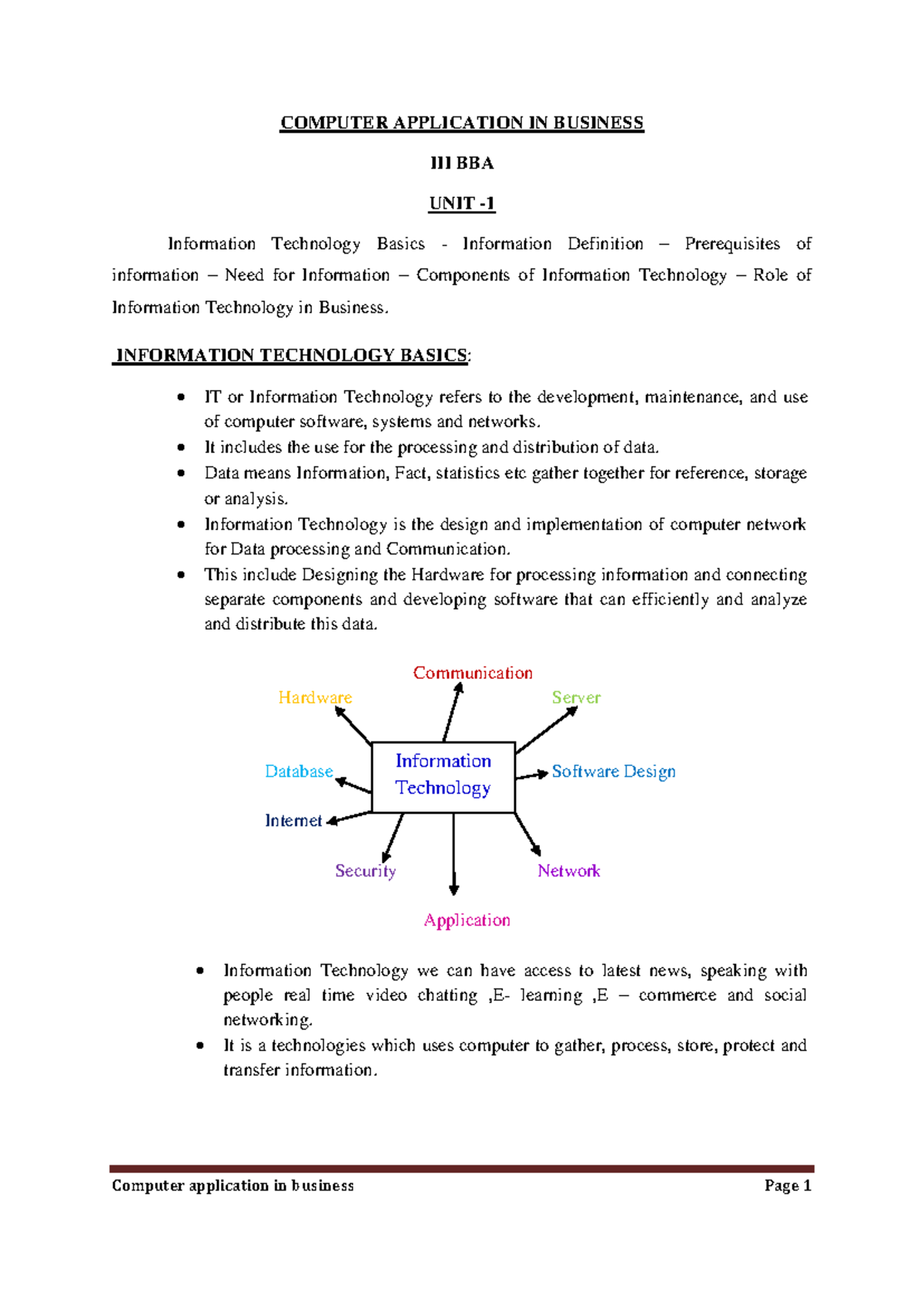 Computerapplicationinbusiness 1 - COMPUTER APPLICATION IN BUSINESS III BBA UNIT - 1 Information ...