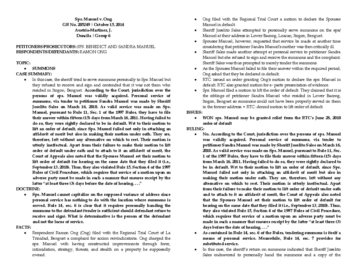 [02] Sps. Manuel v Ong [Group 6] - Sps. Manuel v. Ong GR No. 205249 ...