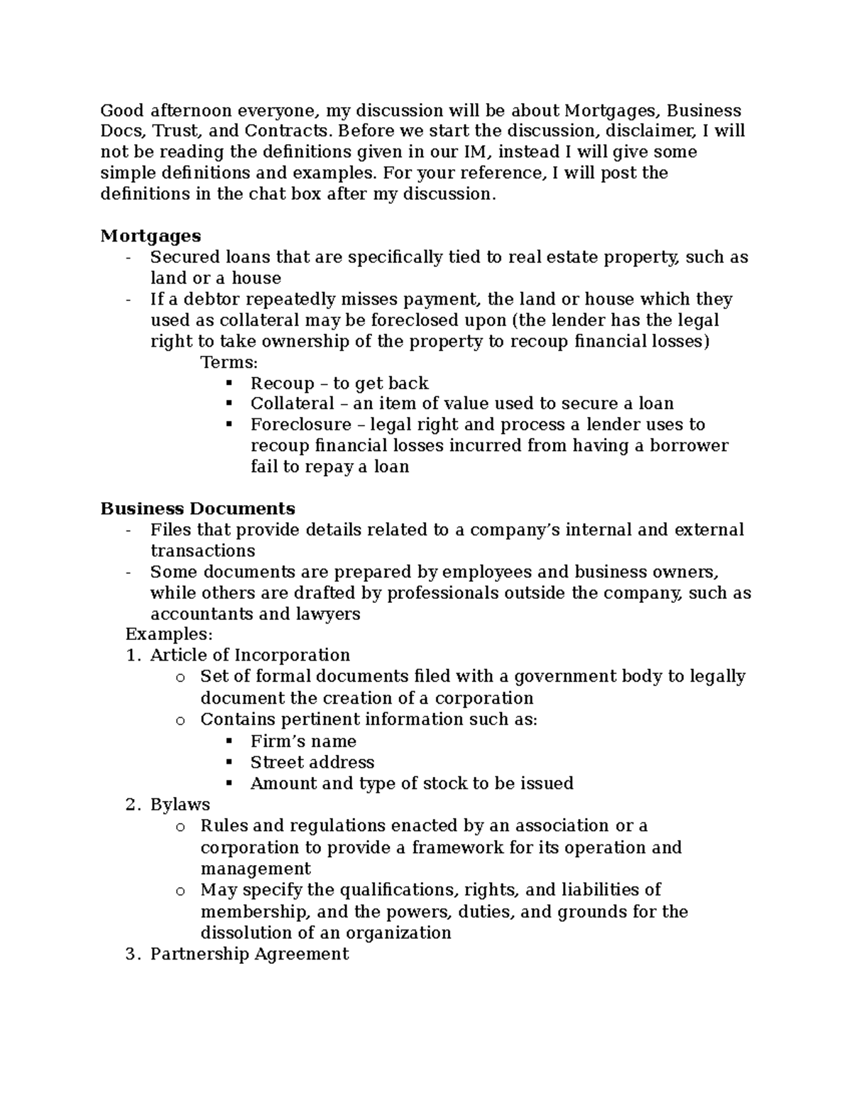 Legal Report Summary (Business Docs) - Good afternoon everyone, my ...