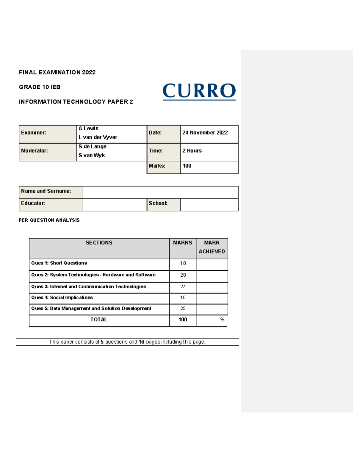 2022 Final Theory Exam QP - FINAL EXAMINATION 2022 GRADE 10 IEB ...