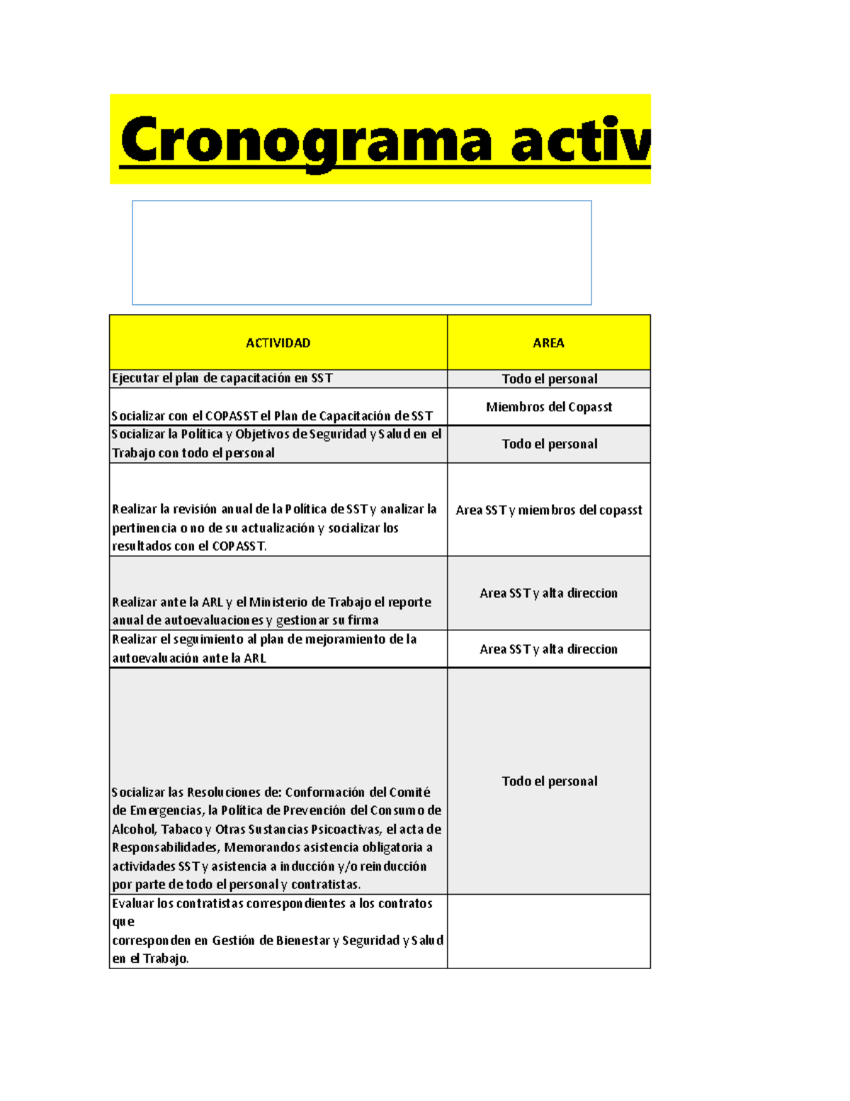 Cronograma 2024 capacitaciones - Cronograma actividades ACTIVIDAD AREA ...