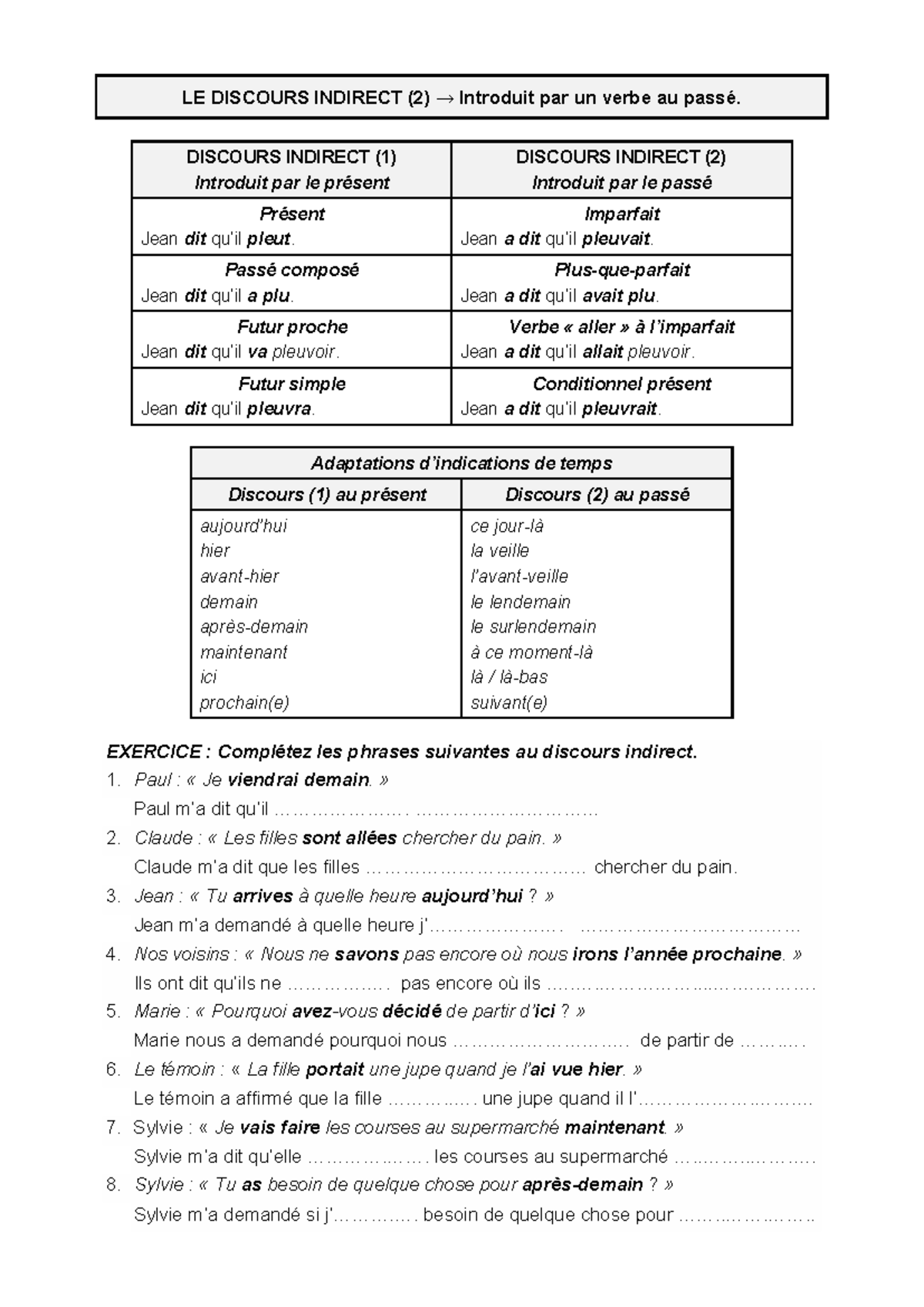 Discours indirect (2) - Verbe au passé - LE DISCOURS INDIRECT (2) → ...