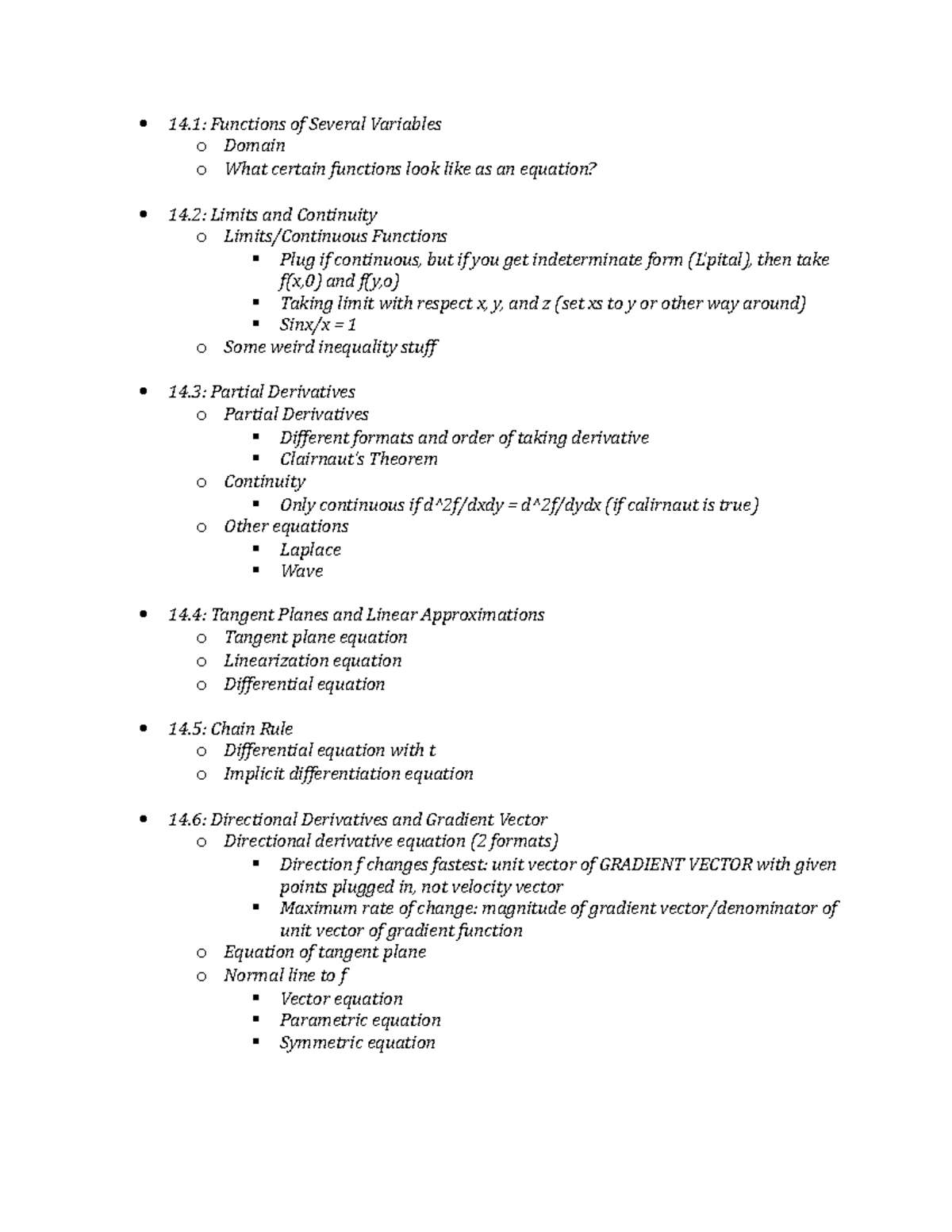Calc Exam 2 Outline - 14: Functions of Several Variables o Domain o ...