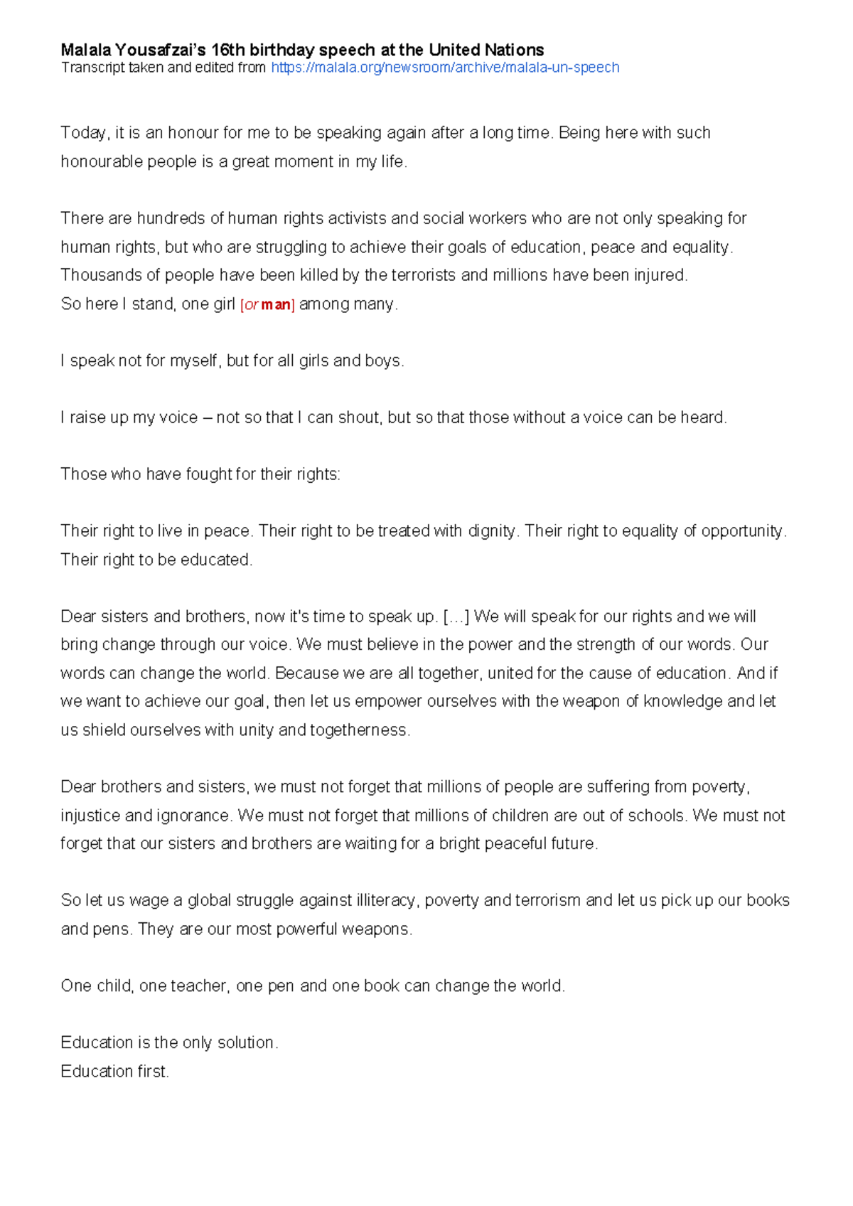 Speech 2 - Malala Yousafzai’s 16th birthday speech at the United ...