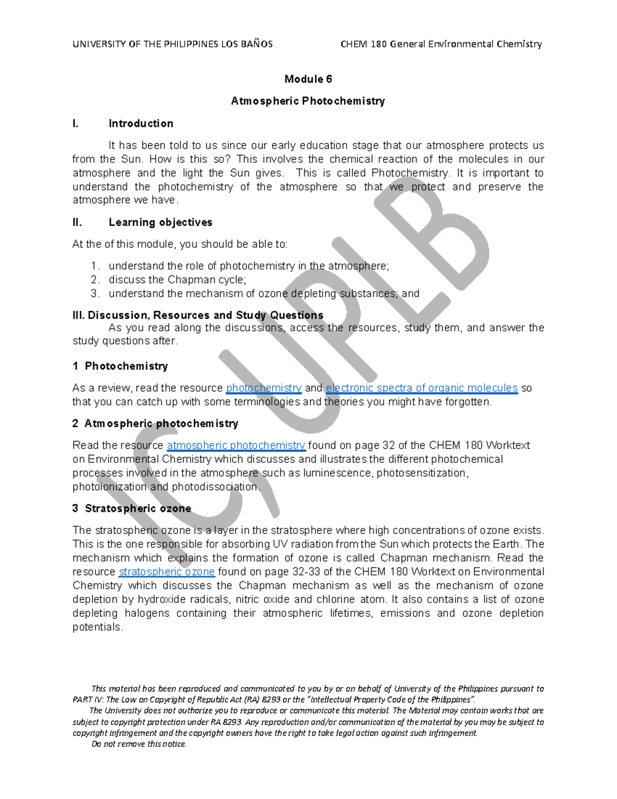 CHEM 180 Module 6 Atmospheric Photochemistry - UNIVERSITY OF THE PHILIPPINES LOS BAÑOS CHEM 180 ...