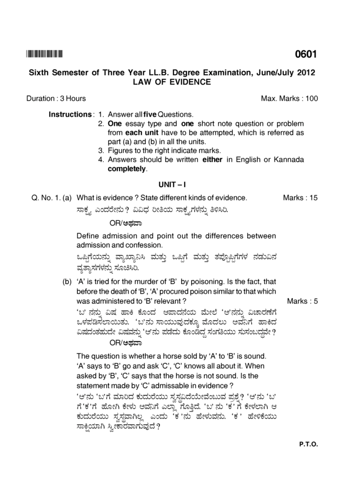 past years question paper for law of Evidence - 0601 Sixth Semester of ...