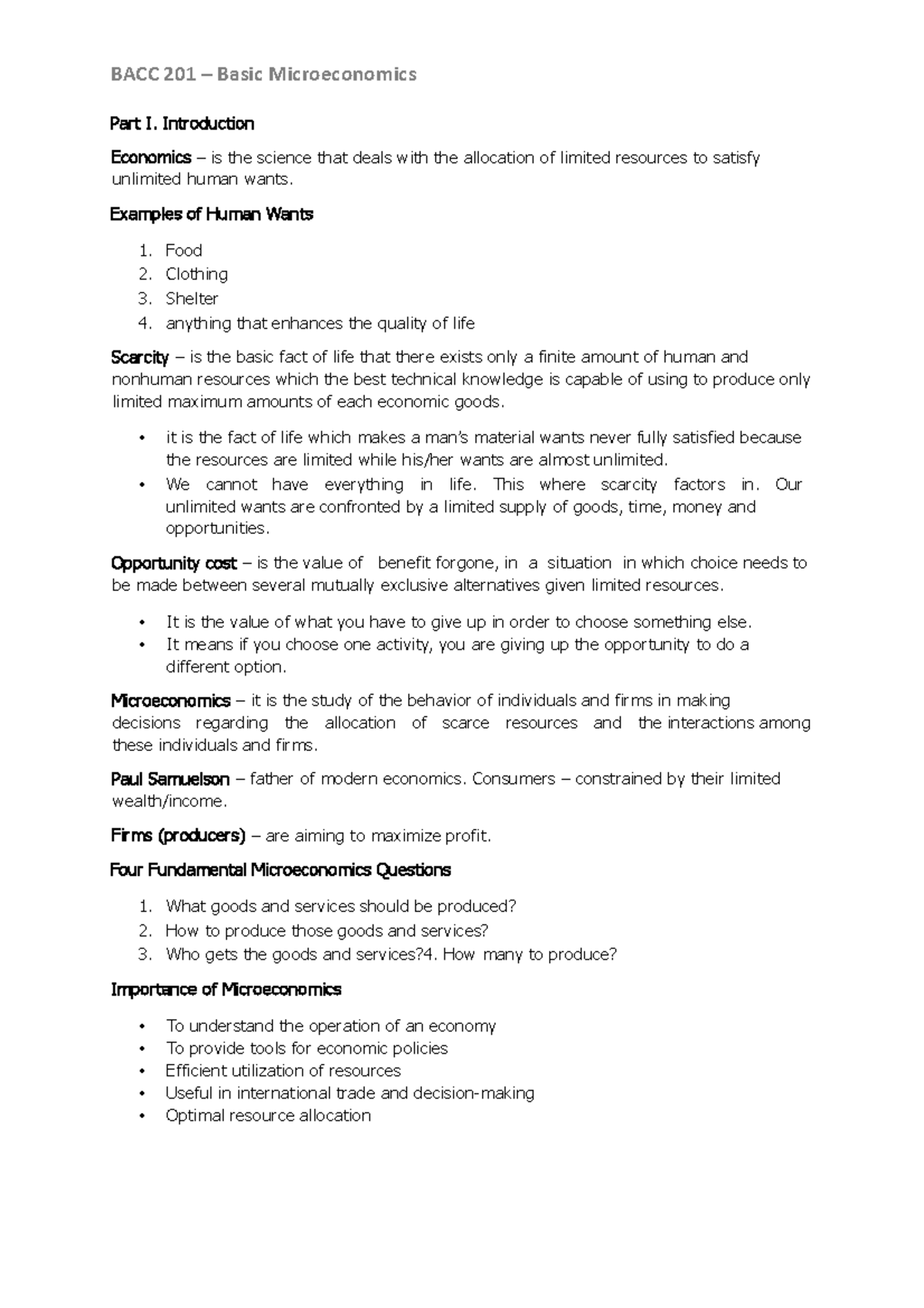 Lesson 1 Introduction OF Basic Microeconmics - BACC 201 – Basic ...