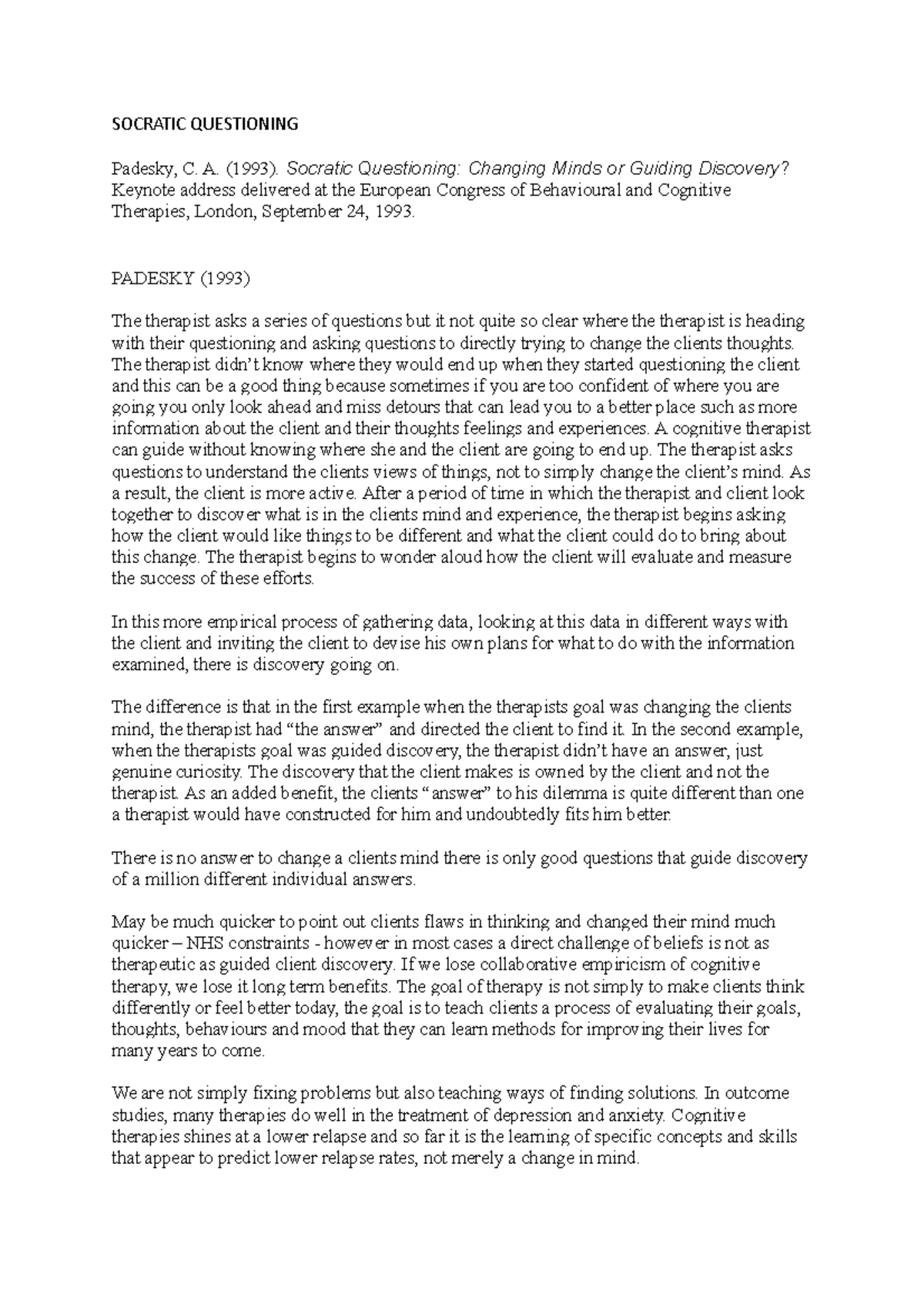 Socratic Questioning - Lecture notes 1 - SOCRATIC QUESTIONING Padesky ...