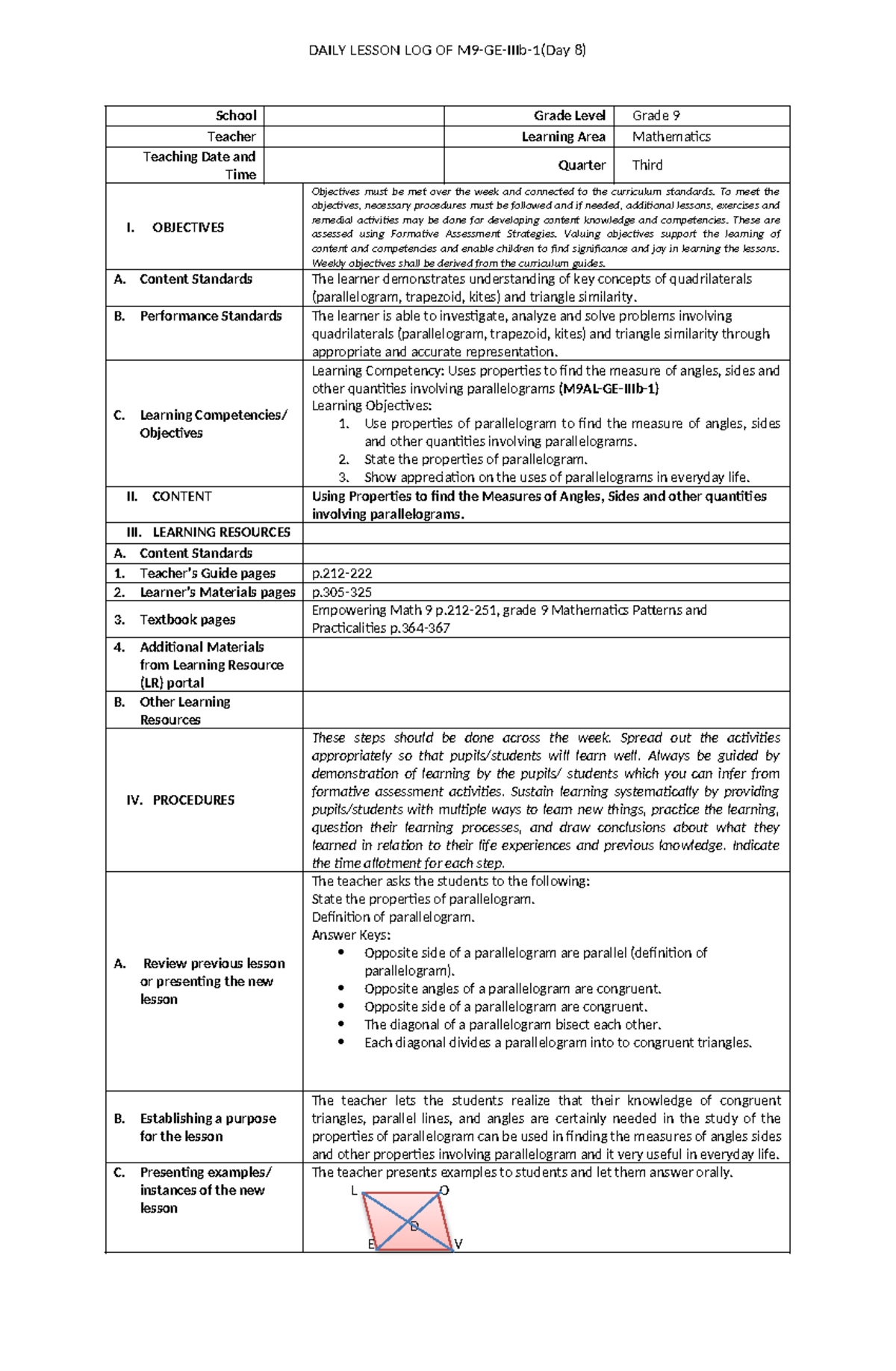 MATH G9 III-Day 8 - day 8 - School Grade Level Grade 9 Teacher Learning ...