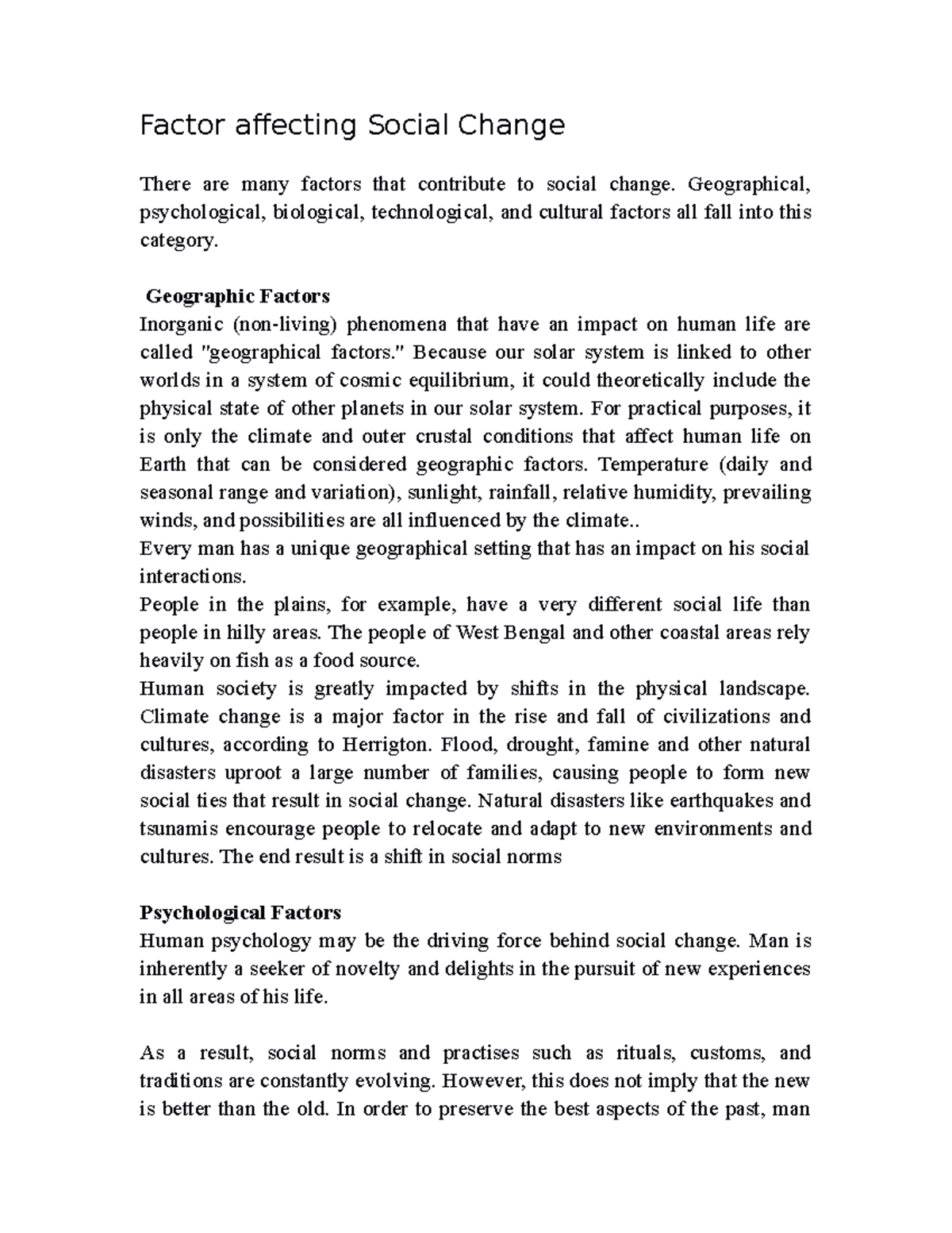 Factor affecting Social Change - Geographical, psychological ...