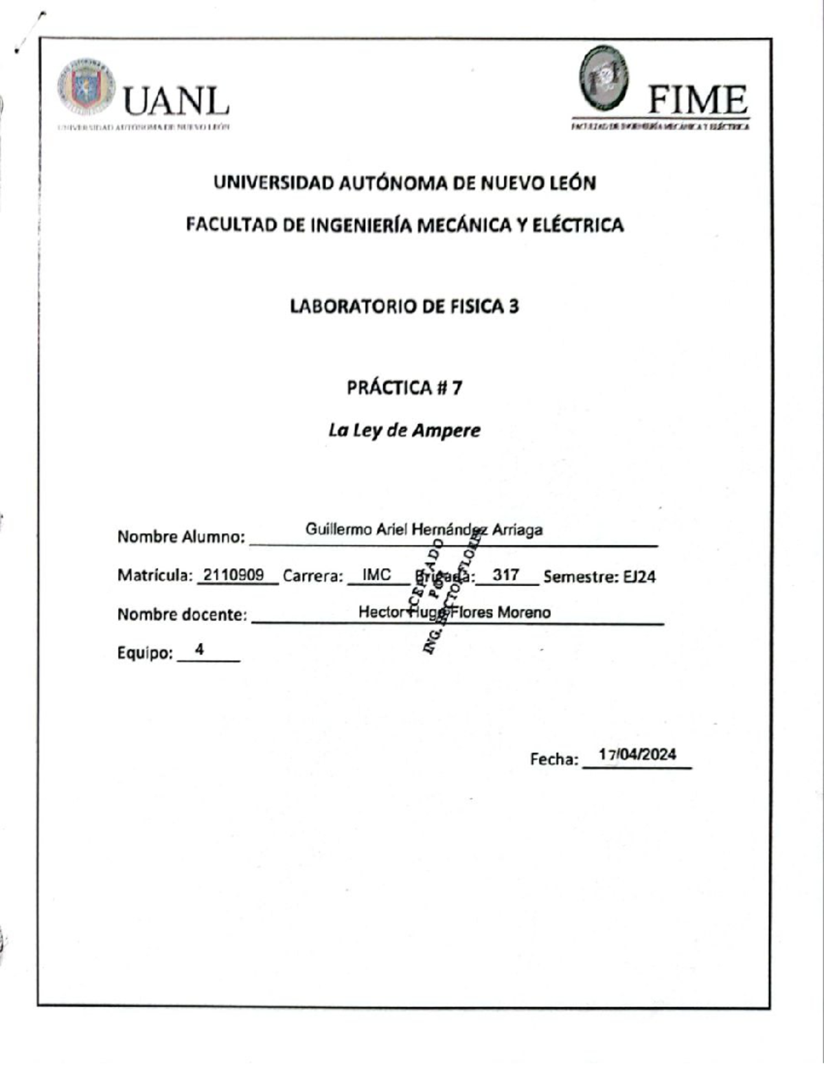 LABORATORIO FISICA 3 (LAB FISICA III) Practica 7. "La Ley de Ampere ...