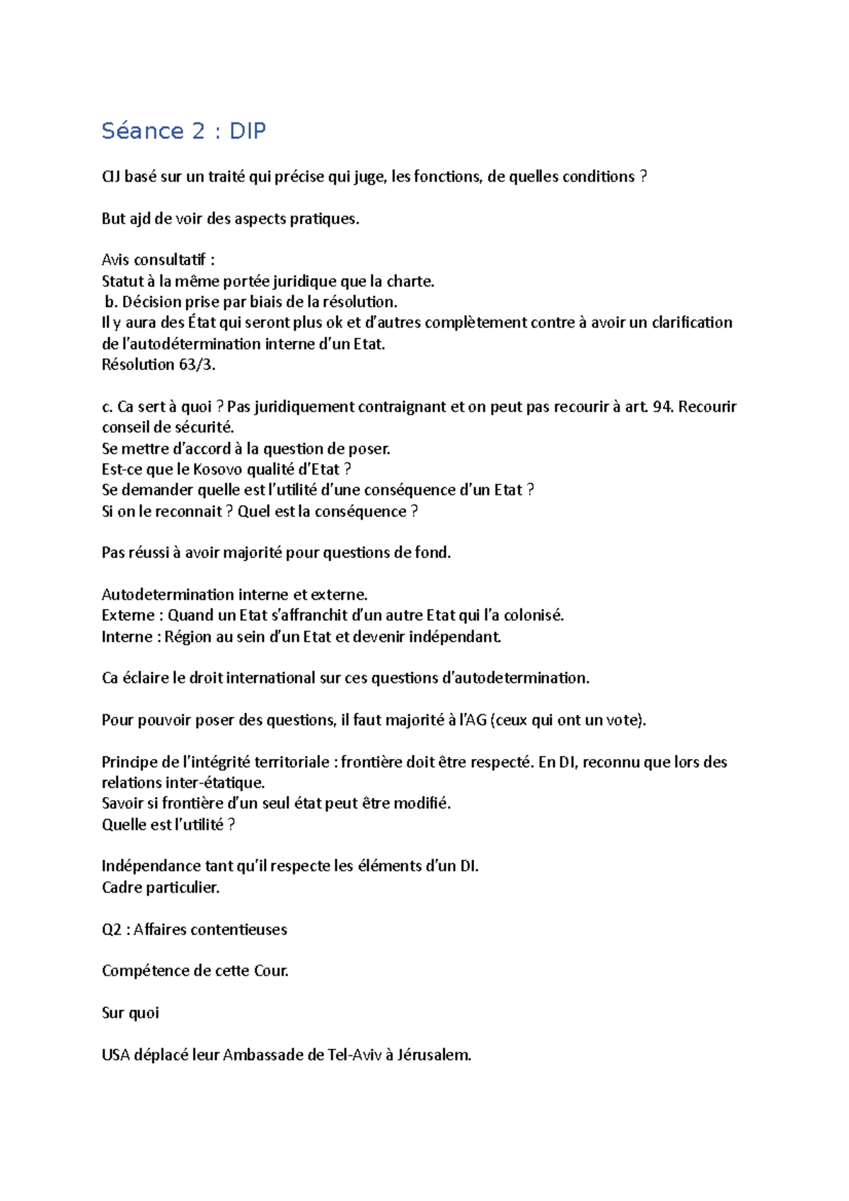 Notes SDR- Séance 2 - Séance 2 : DIP CIJ basé sur un traité qui précise ...