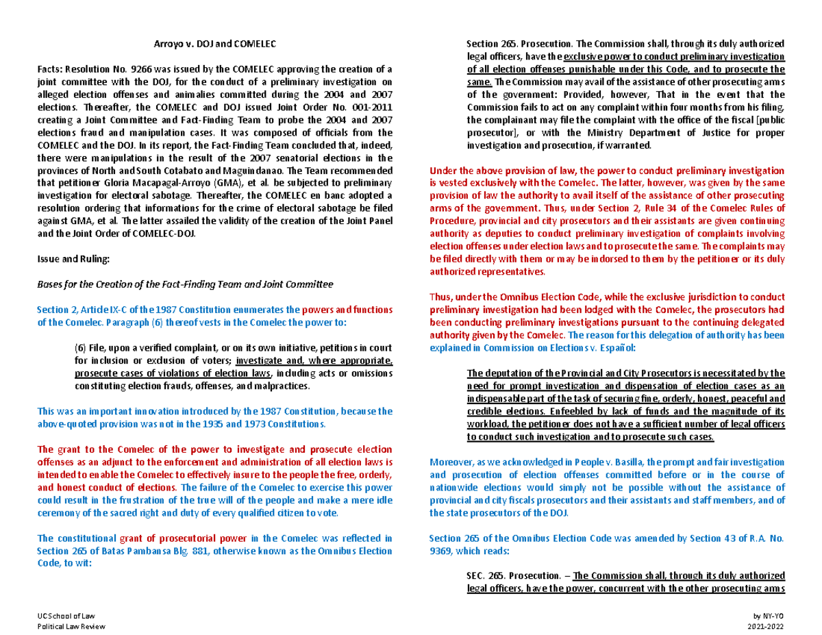 7 - Case digests - UC School of Law by NY-YO Arroyo v. DOJ and COMELEC ...