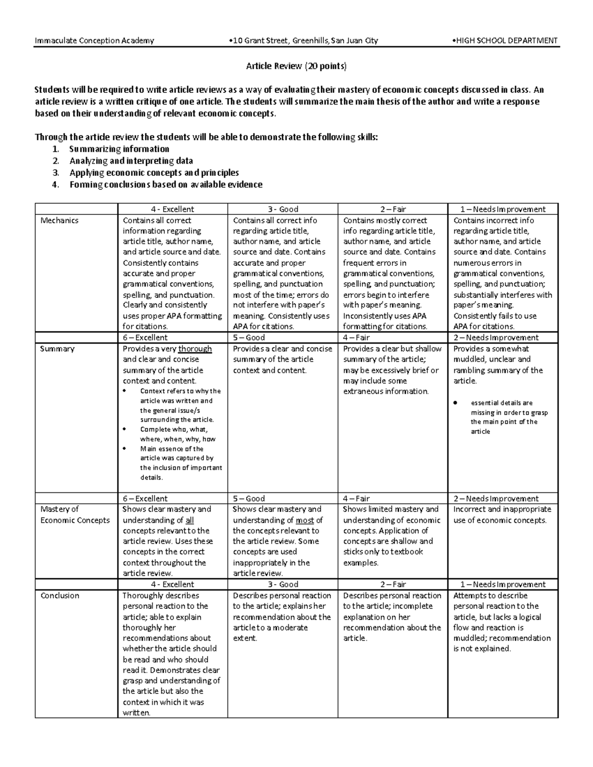 Article Review Handout - Immaculate Conception Academy •10 Grant Street ...