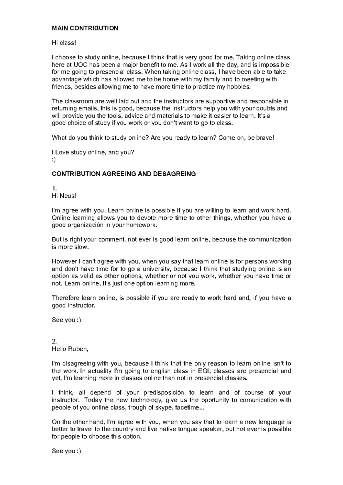 CA2 - Diálogo para repasar conversación - MAIN CONTRIBUTION Hi class! I ...