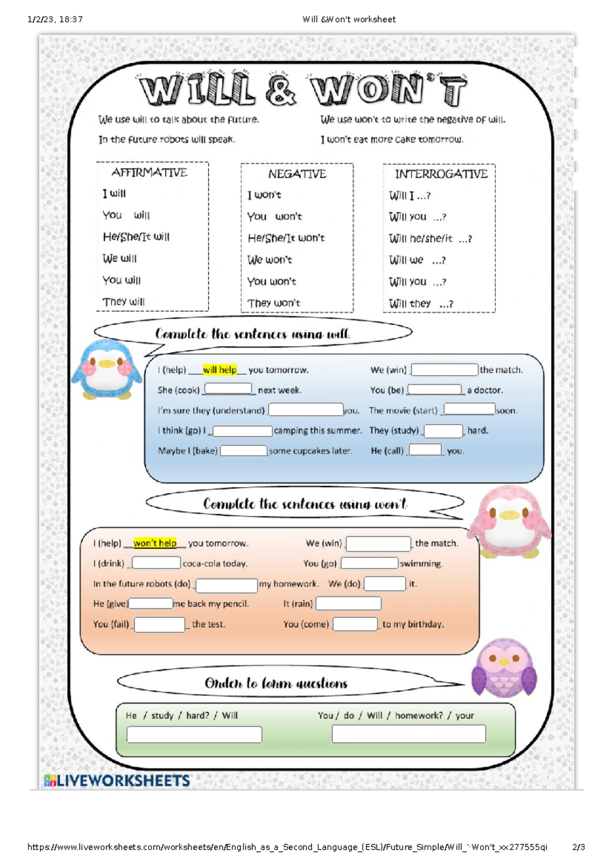 Will &Won't worksheet - ewew - Inglés I - 1/2/23, 18:37 Will &Won't worksheet - Studocu