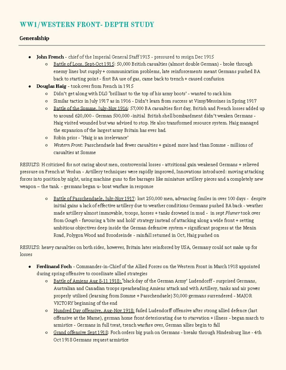 WW1 Depth Study - WW1/WESTERN FRONT- DEPTH STUDY Generalship John ...