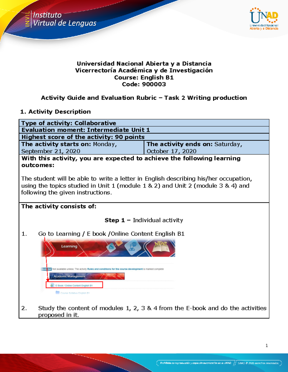 Activities guide and evaluation rubric - Unit 1 - Task 2 - Writing ...