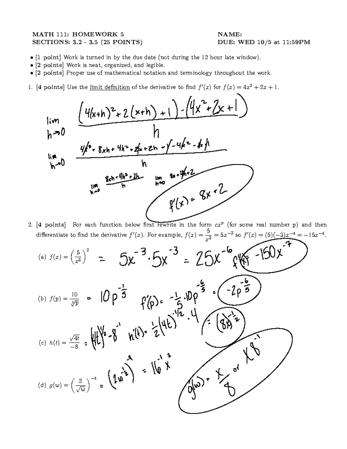Calc 1 Sections 3.2-3.5 Problems - MATH 111: HOMEWORK 5 NAME: SECTIONS ...