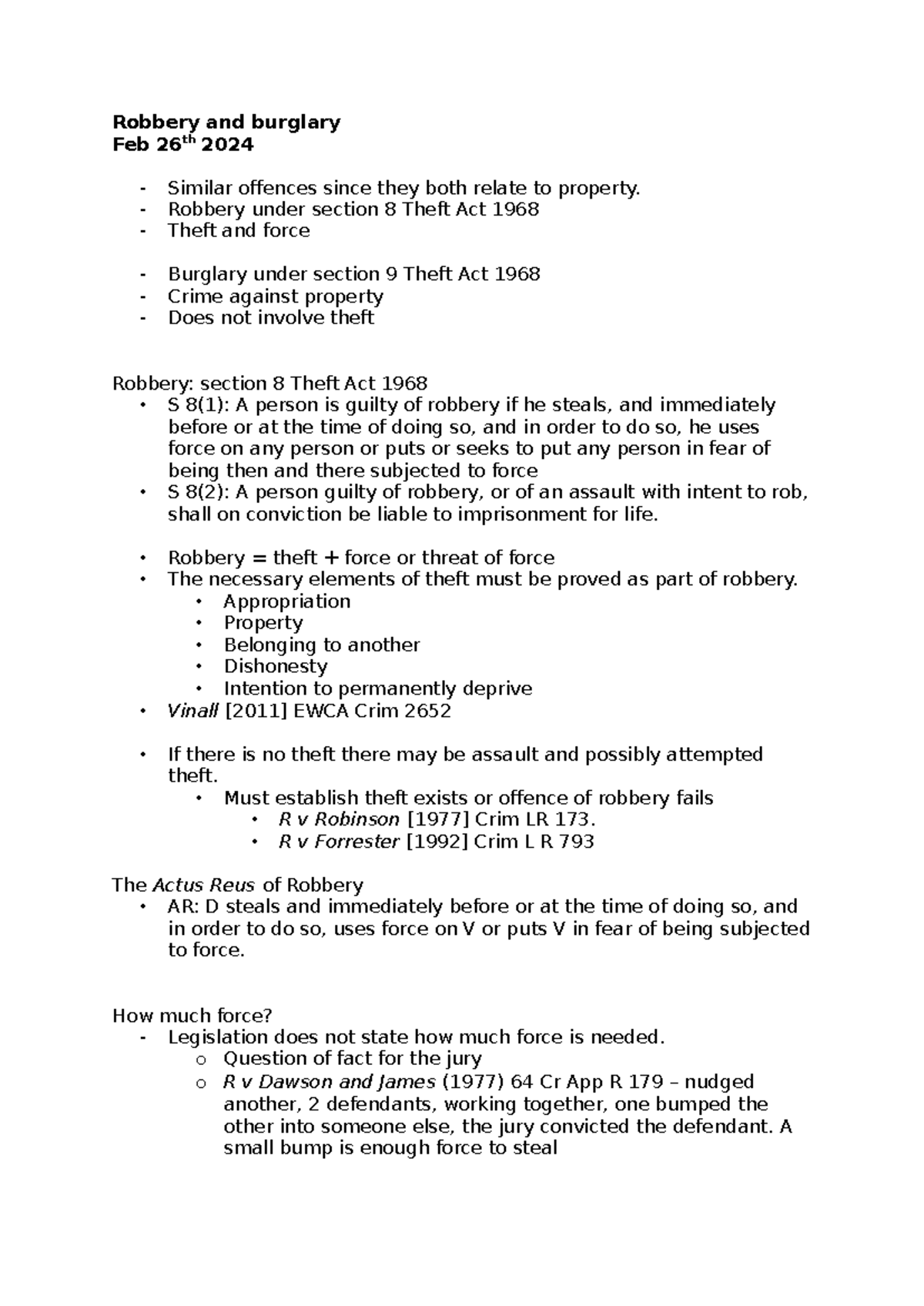 Robbery and burglary - notes - Robbery and burglary Feb 26th 2024 ...
