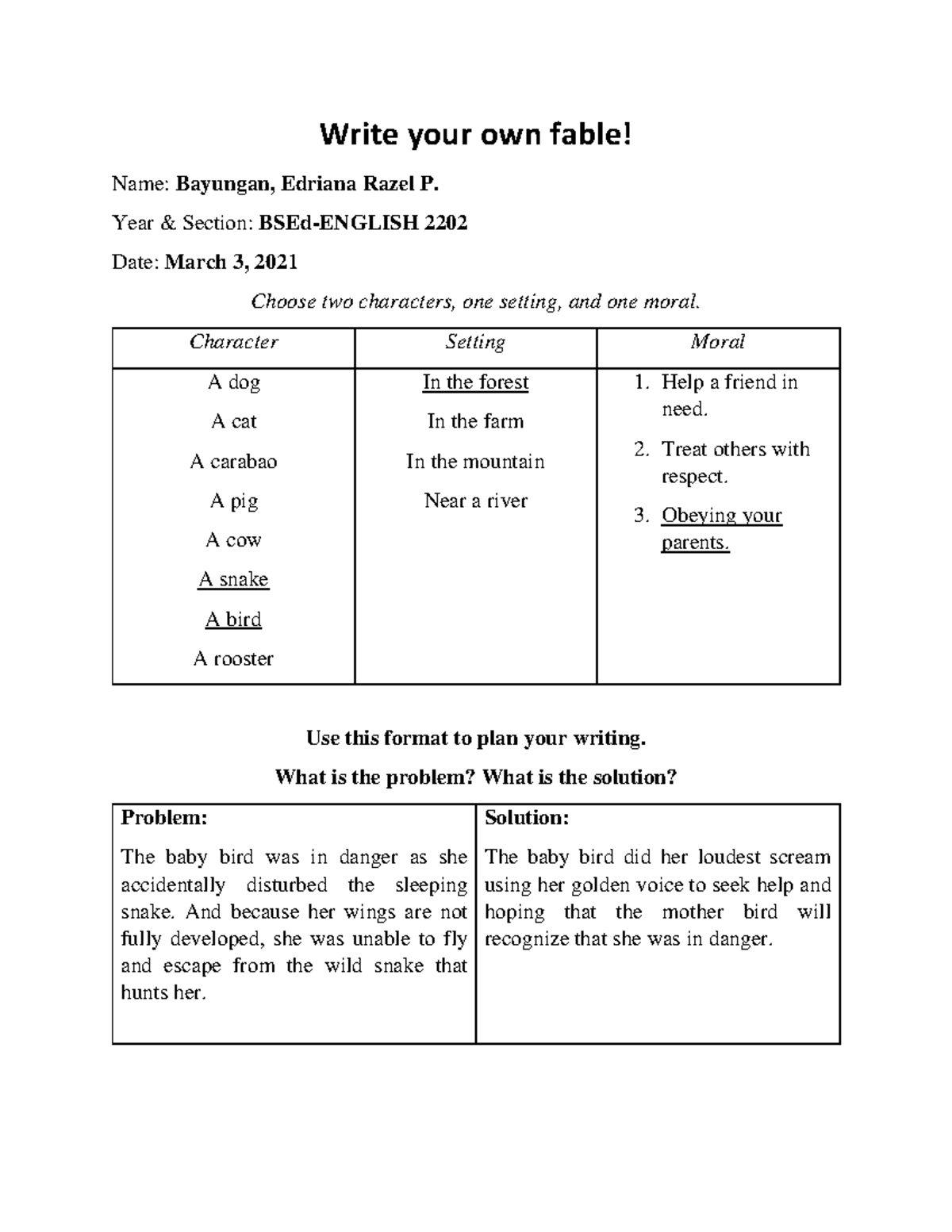 The Golden Bird - Write your own fable! Name: Bayungan, Edriana Razel P ...