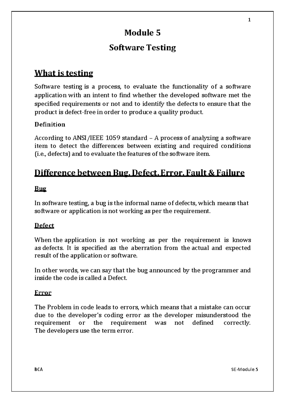 Se mod 5 - Software engineering - Module 5 Software Testing What is ...