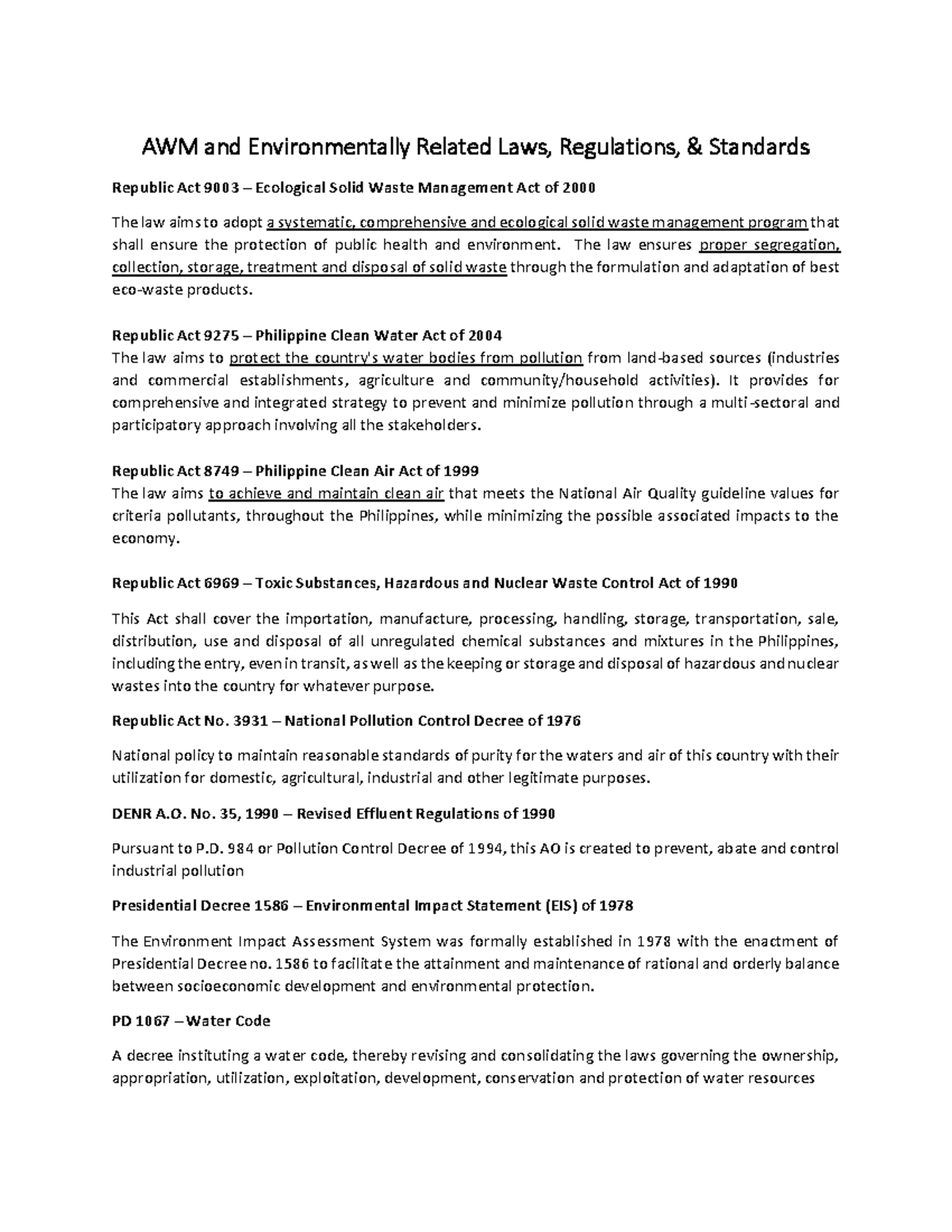 AWM and Environmentally Related Laws - The law ensures proper ...