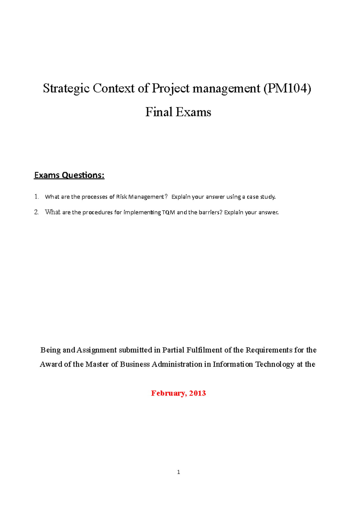 Assignment MBA104 - Strategic Context of Project management - Strategic ...