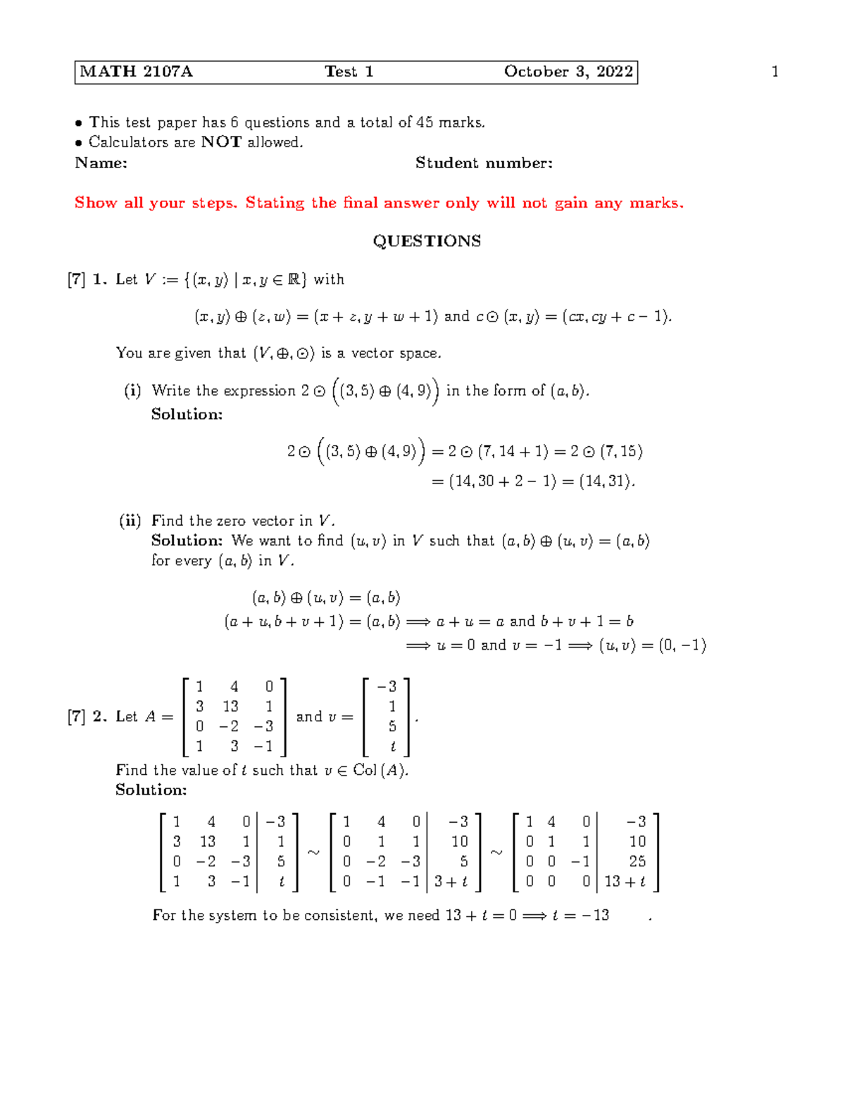MATH 2107 Test1 Solutions SV F2022 - This test paper has 6 questions ...