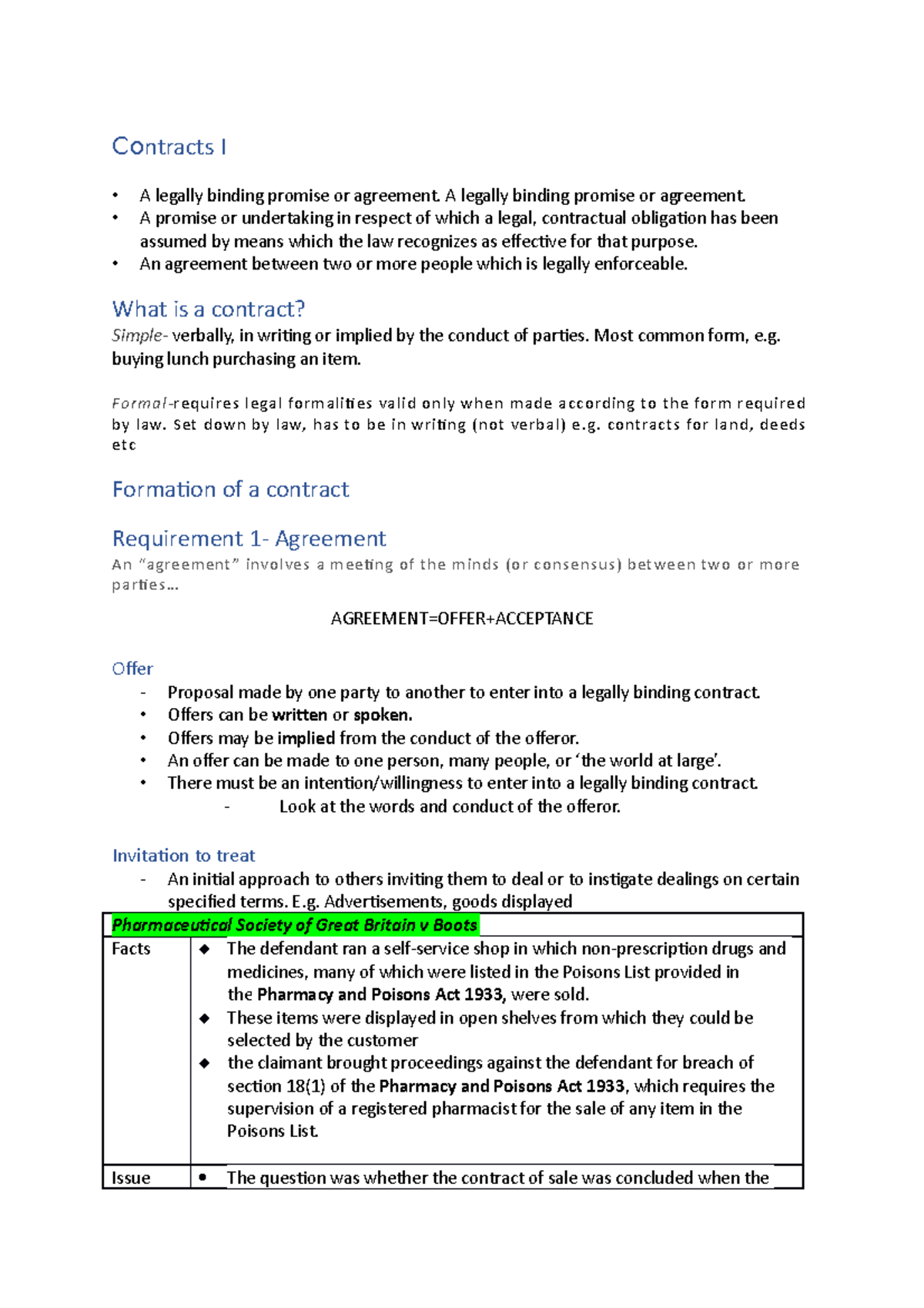Contracts I - detailed lecture notes - Contracts I A legally binding ...