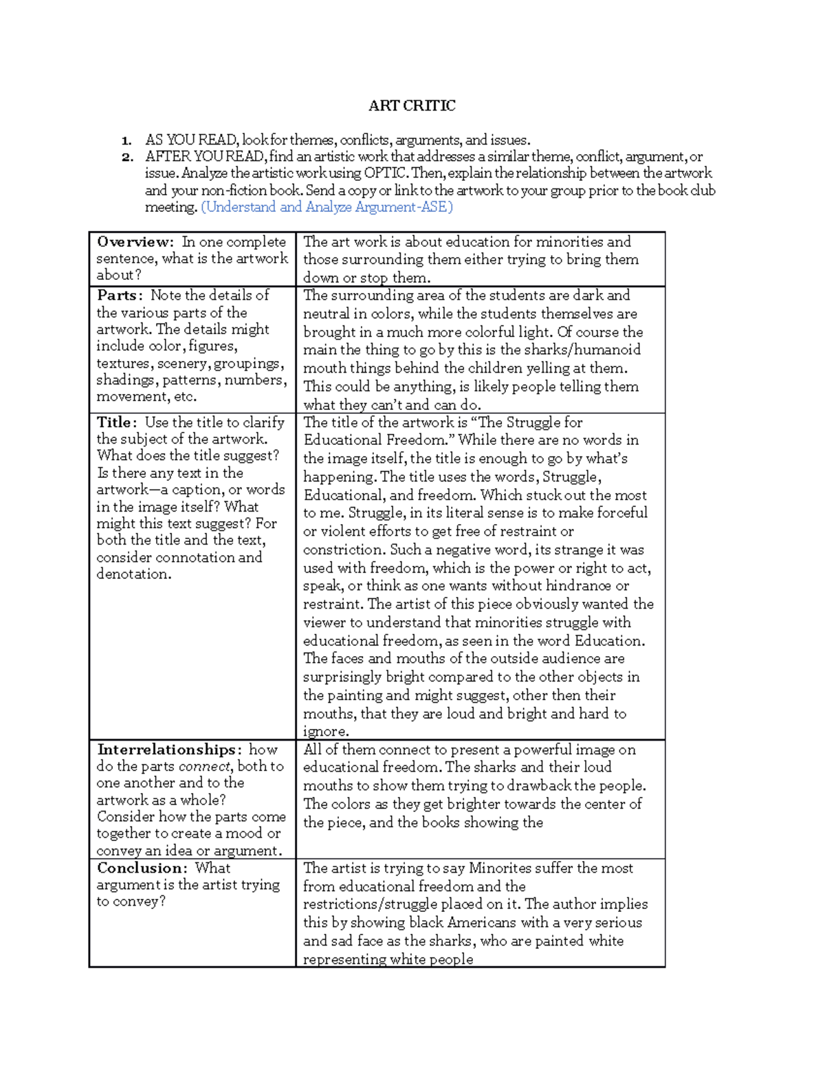 ART Critic on AP Semianr - ART CRITIC 1. AS YOU READ, look for themes ...