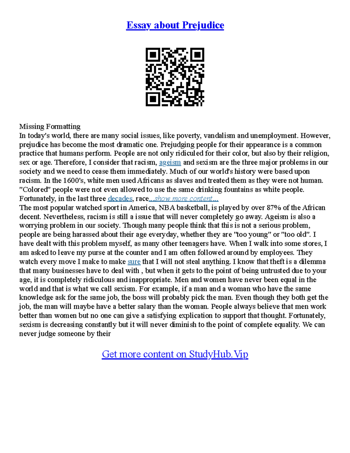 Prejudice Definition Essay - Essay about Prejudice Missing Formatting ...
