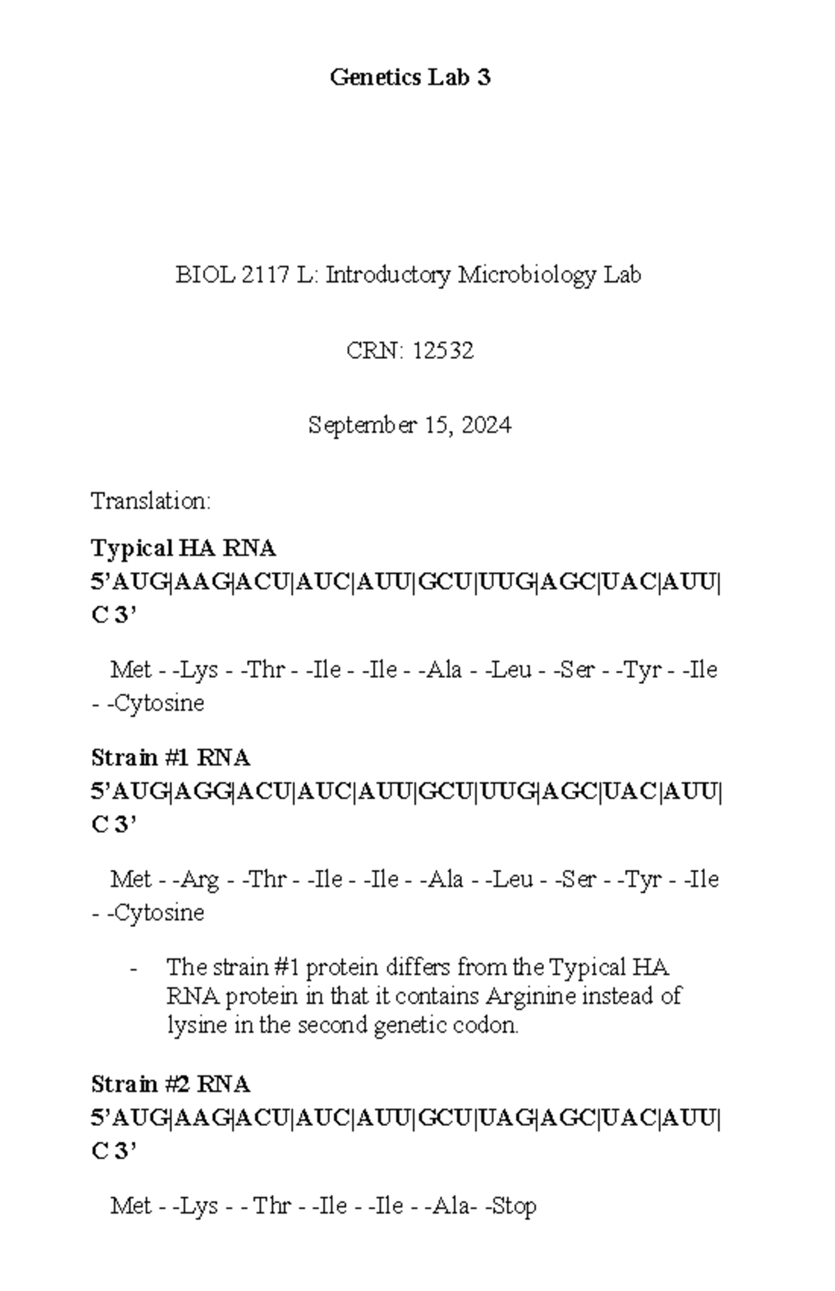 Genetics Lab 3 - transcription translation - Genetics Lab 3 BIOL 2117 L: Introductory ...