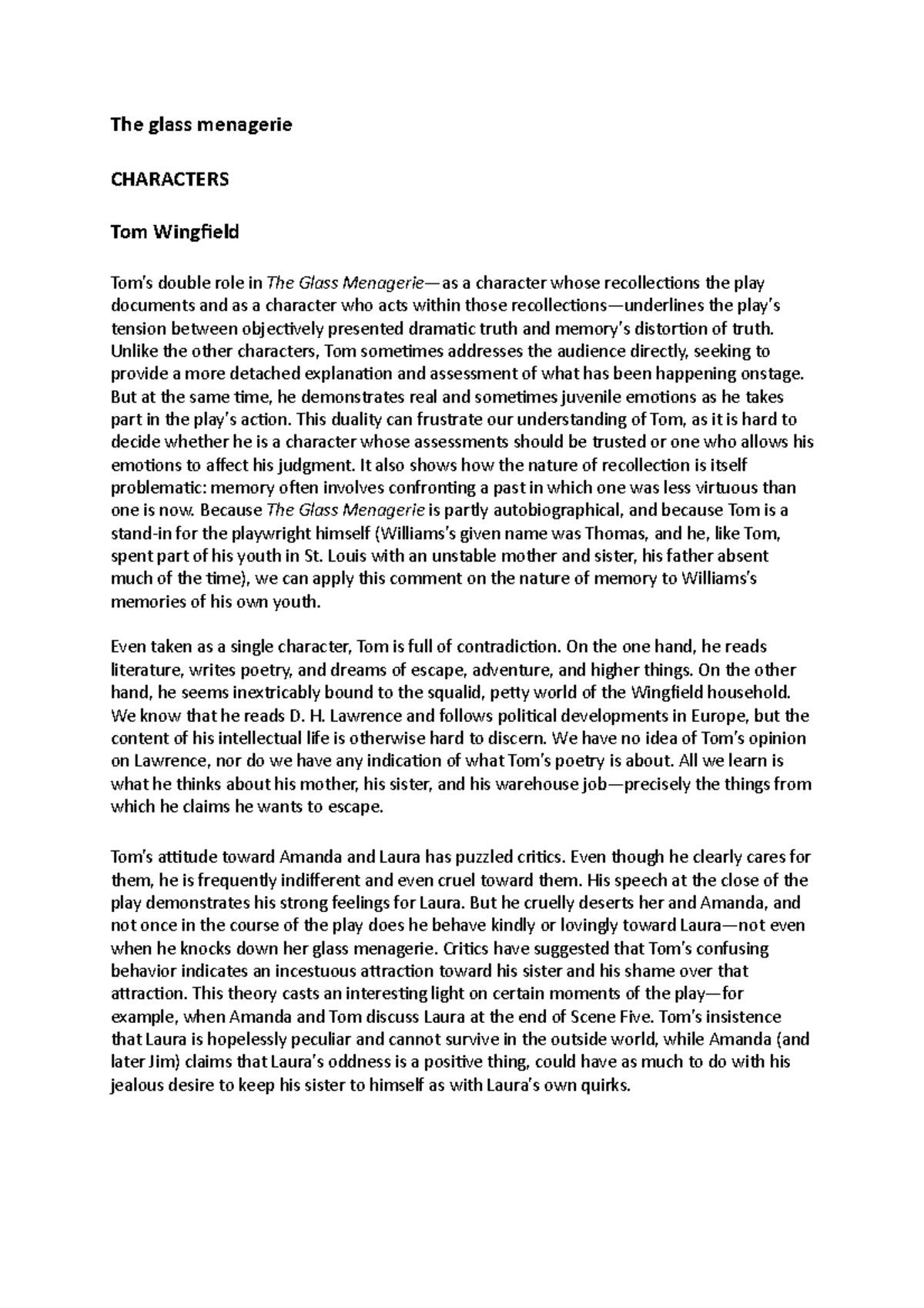 The Glass Menagerie - Résumé - The glass menagerie CHARACTERS Tom ...