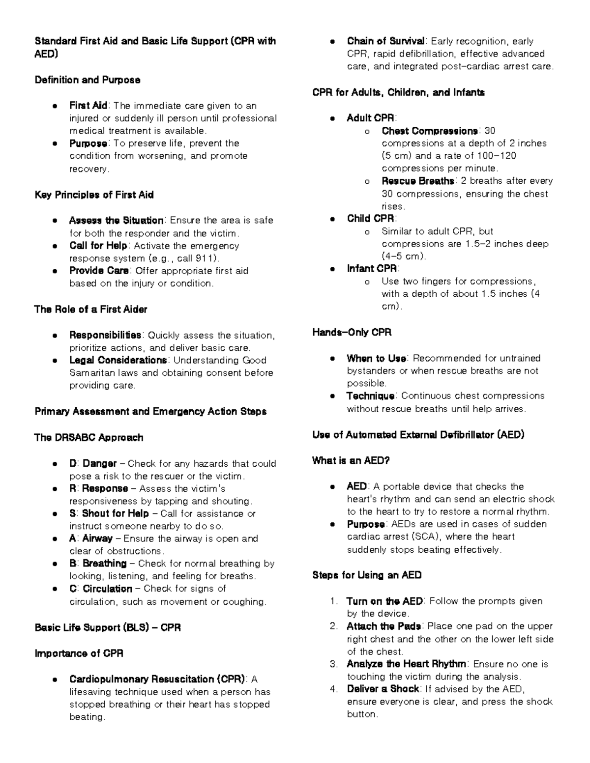 Standard First Aid and Basic Life Support - Purpose: To preserve life ...