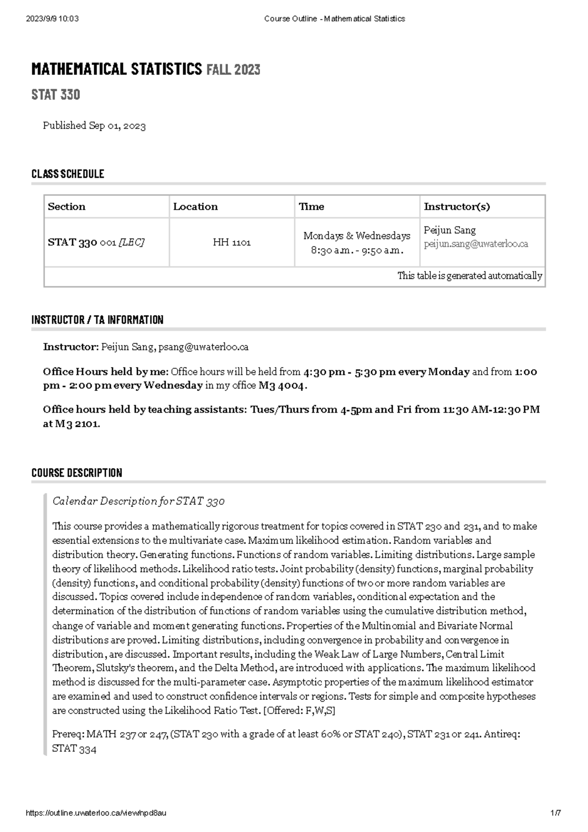 Course Outline - Mathematical Statistics - MATHEMATICAL STATISTICS FALL ...