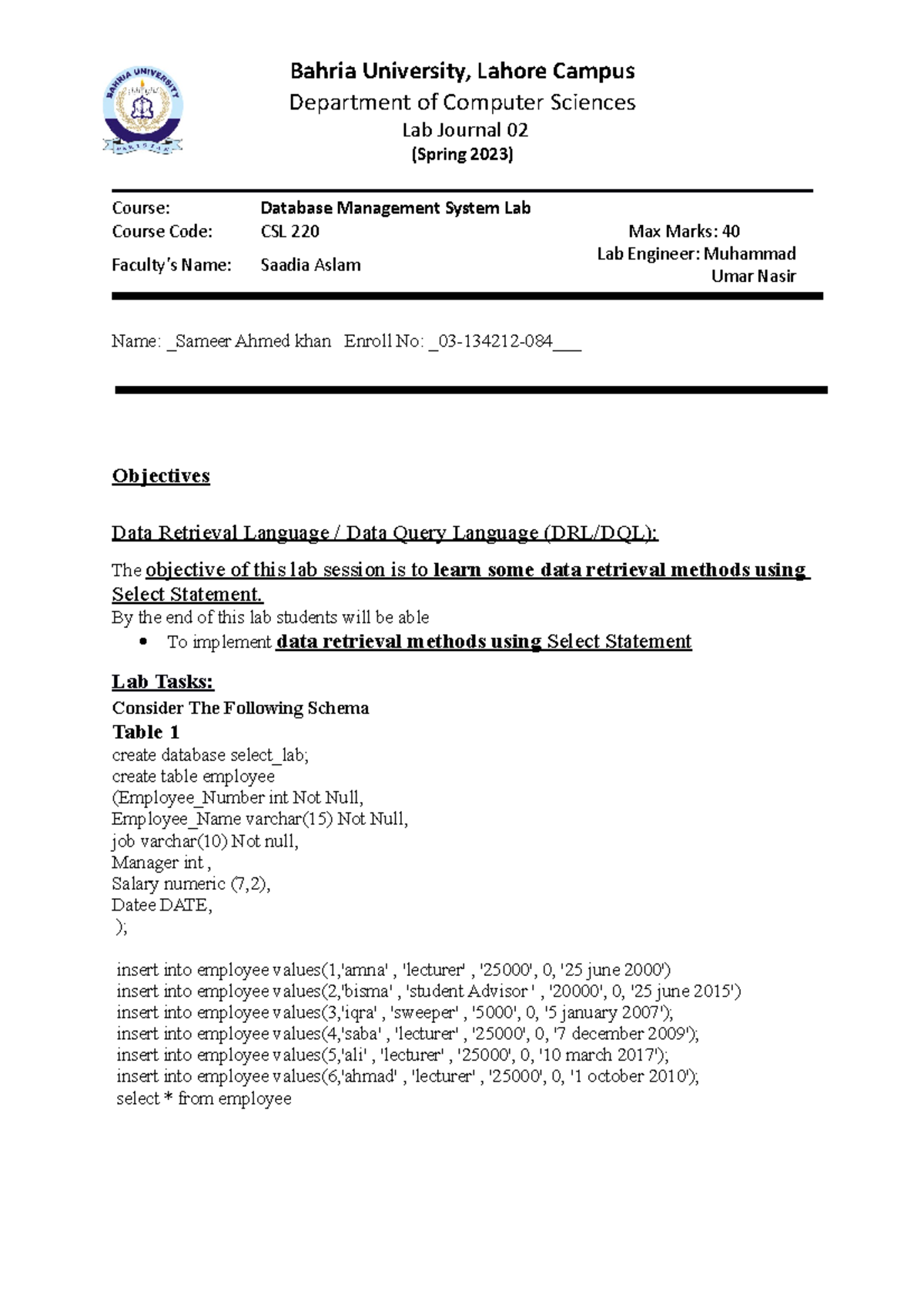 1 - good - Bahria University, Lahore Campus Department of Computer Sciences Lab Journal 02 ...