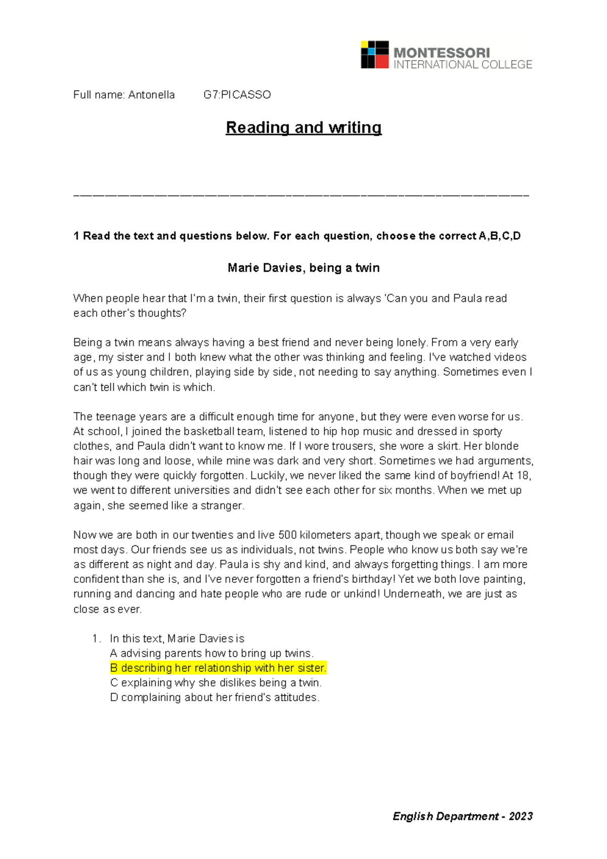 T-3 Week 7 Reading and writing G7 - Full name: Antonella G7:PICASSO ...