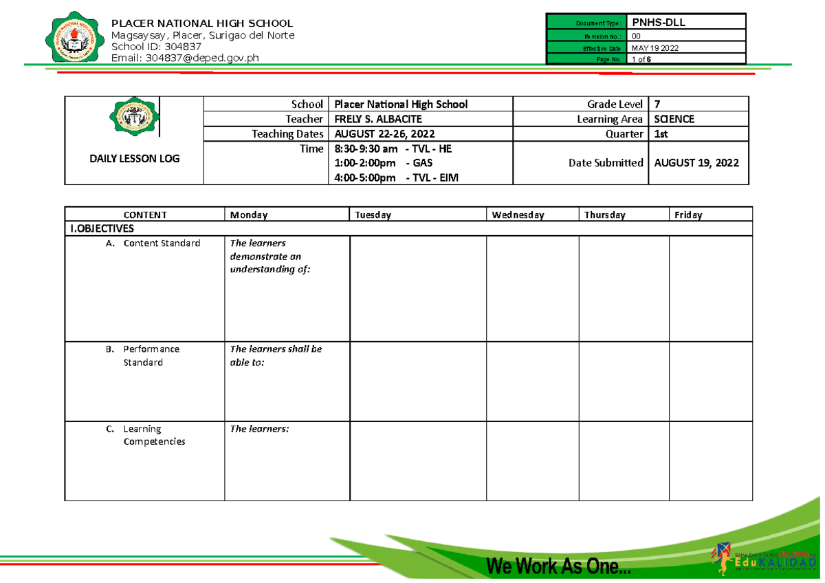 DLL-Template - Templates - DAILY LESSON LOG School Placer National High ...