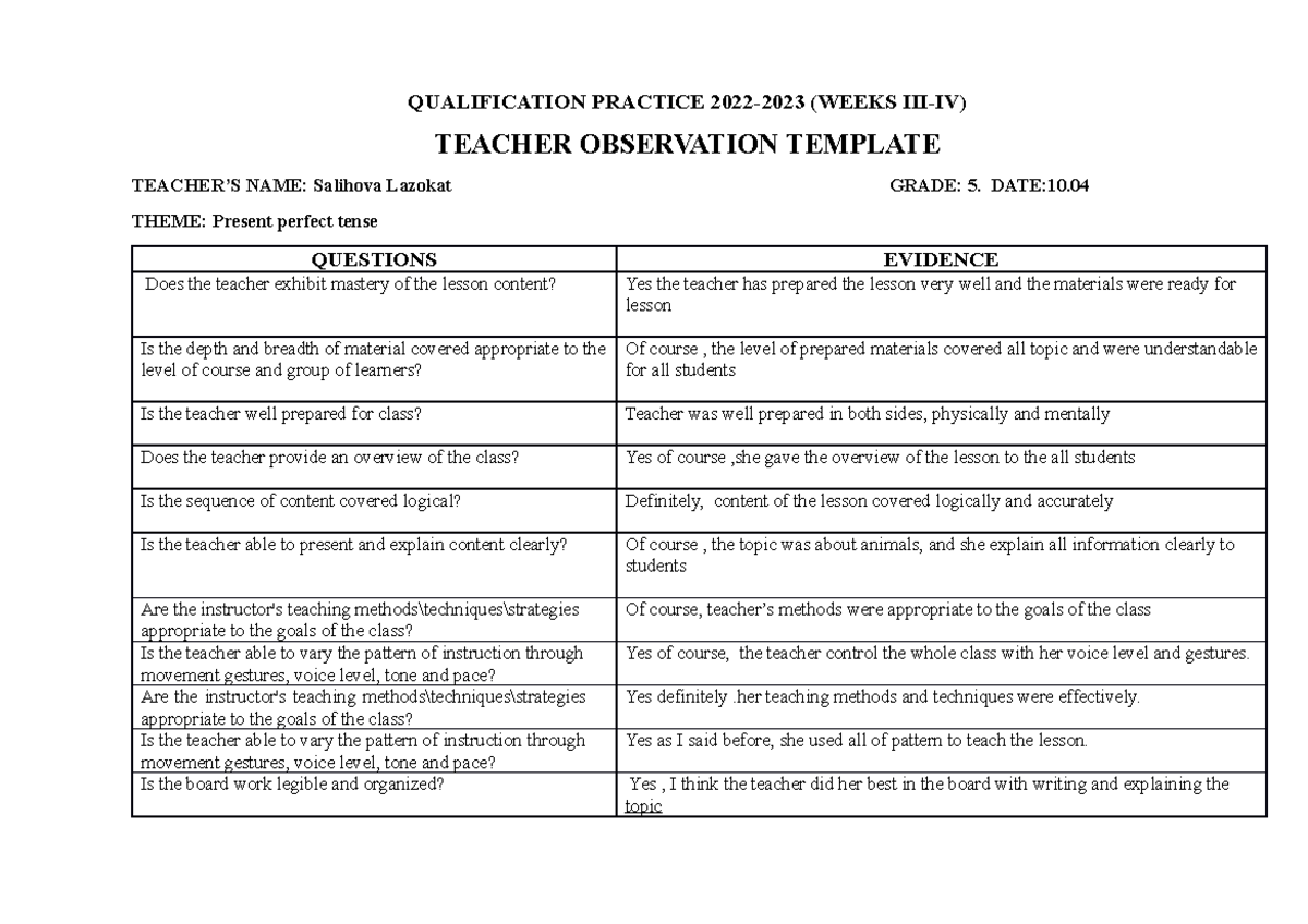 Teacher observation - QUALIFICATION PRACTICE 2022-2023 (WEEKS III-IV ...