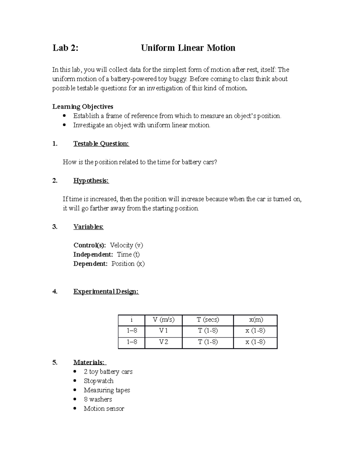 Lab 2 Uniform linear motion - Lab 2: Uniform Linear Motion In this lab ...