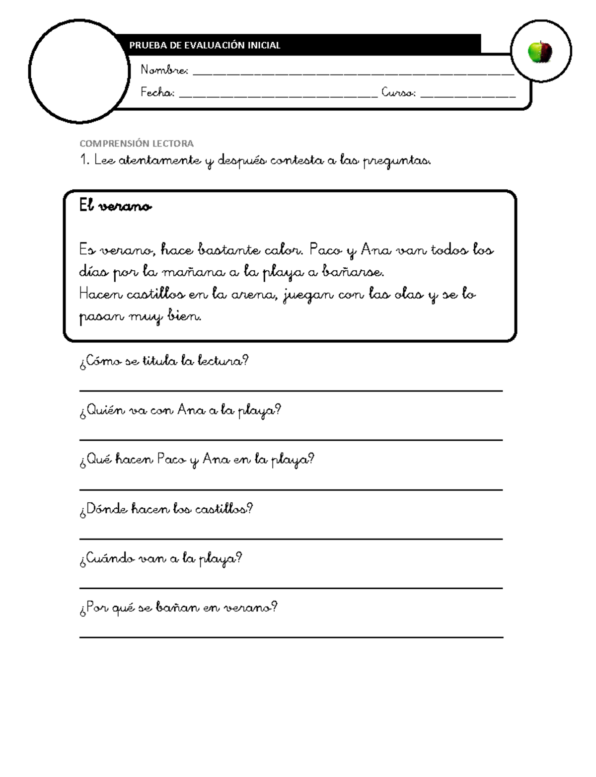 Evaluación Inicial Lengua 2º - COMPRENSIÓN LECTORA Lee atentamente y ...