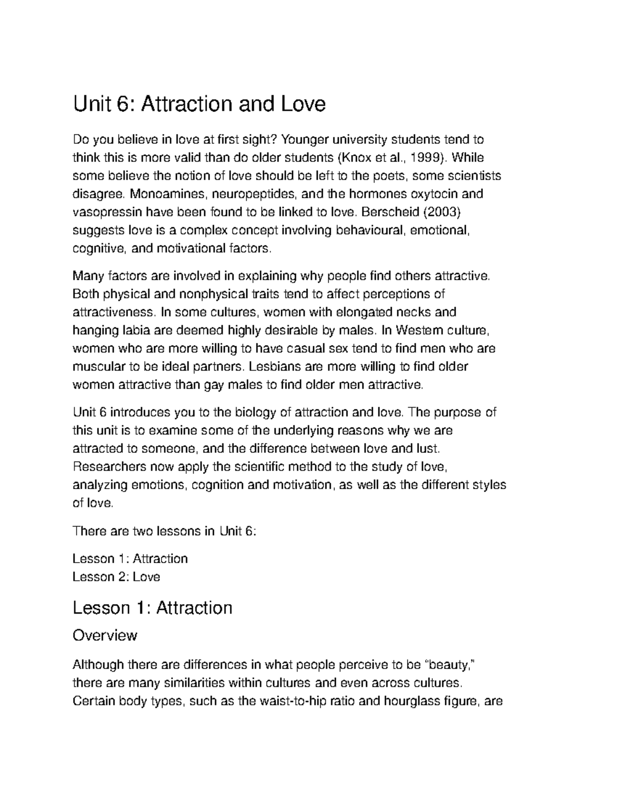 Unit 6 Stidy Guide - Unit 6: Attraction and Love Do you believe in love ...