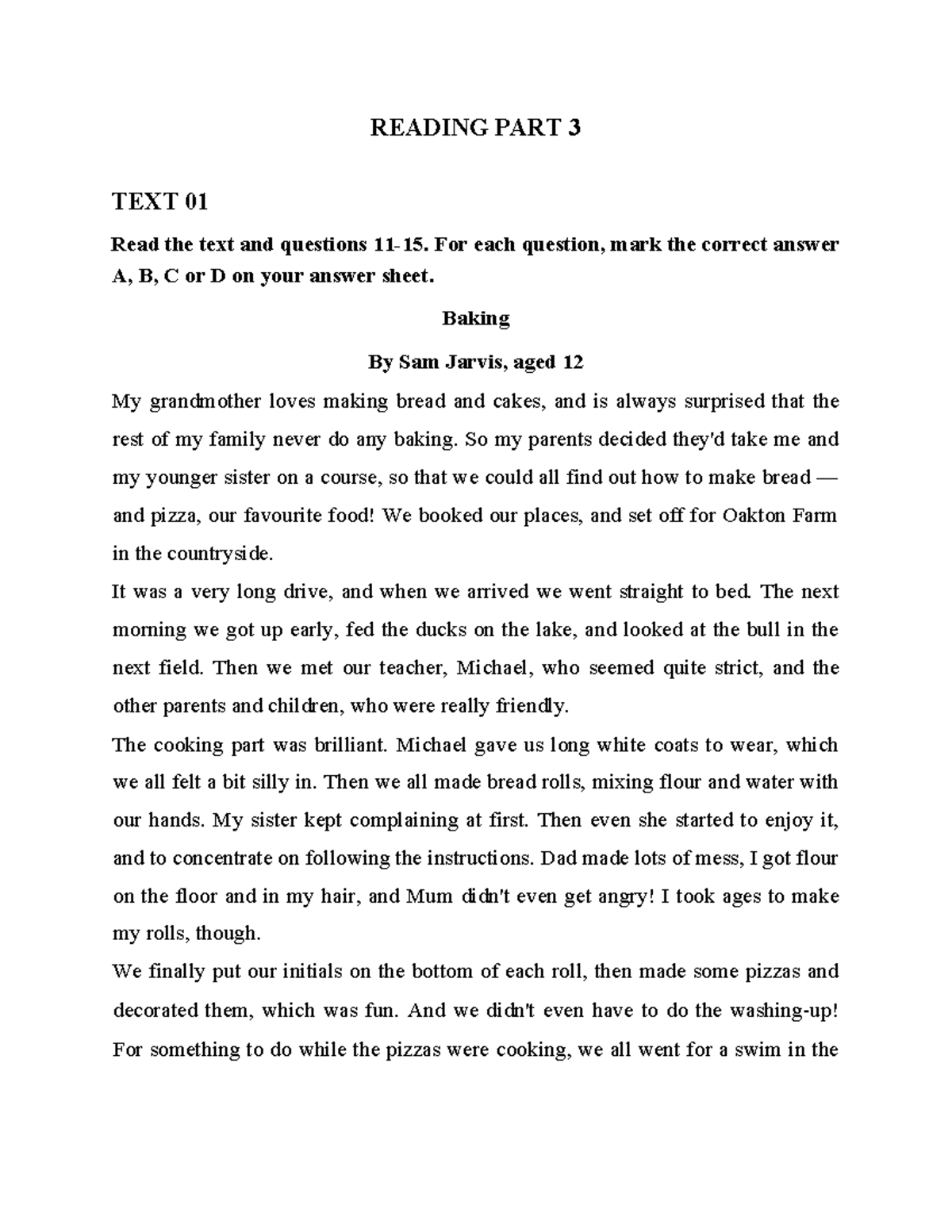 PART3 R - READING PART 3 TEXT 01 Read the text and questions 11-15. For ...