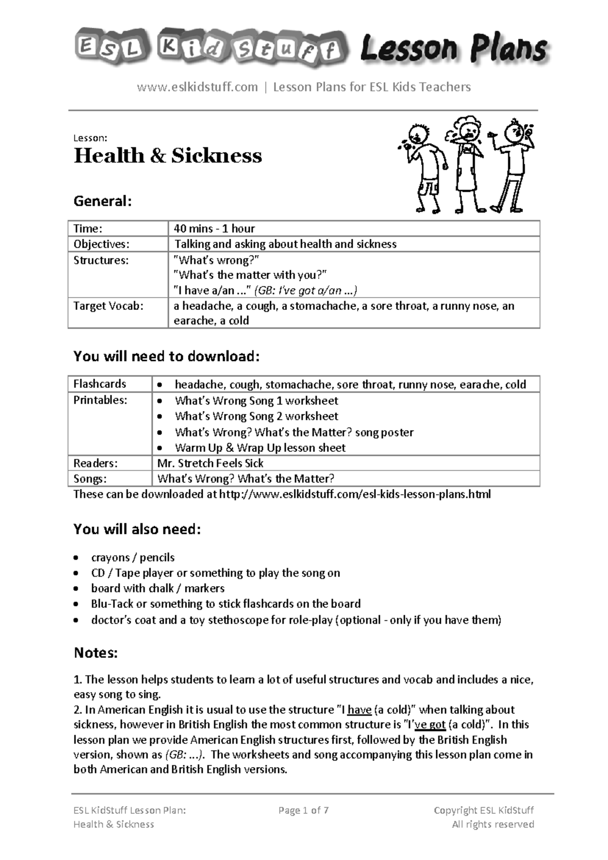 Health sickness lesson plan - ####### ESL KidStuff Lesson Plan ...
